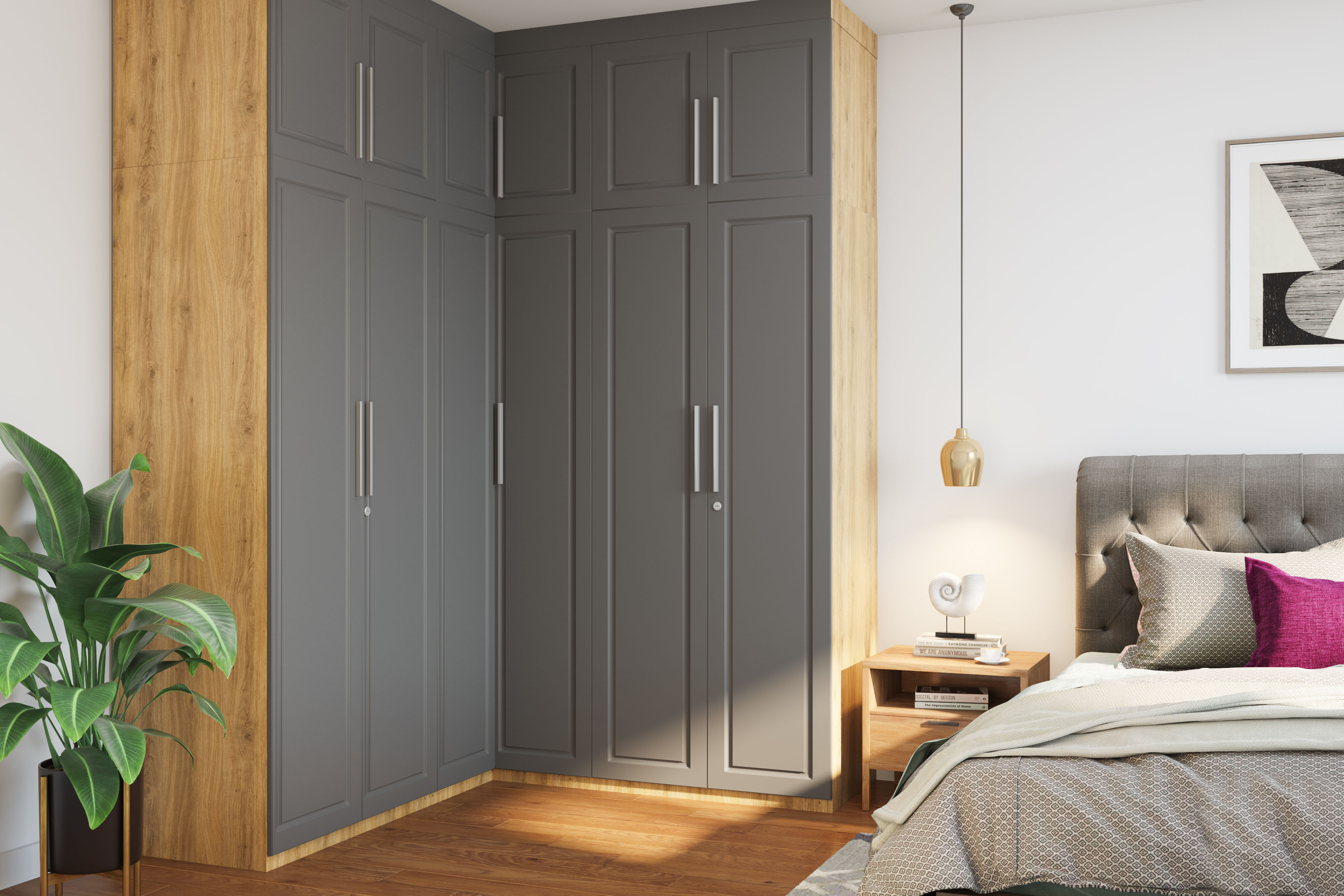 Contemporary L-Shaped Wardrobe Design in Grey Suede Finish and Wood ...