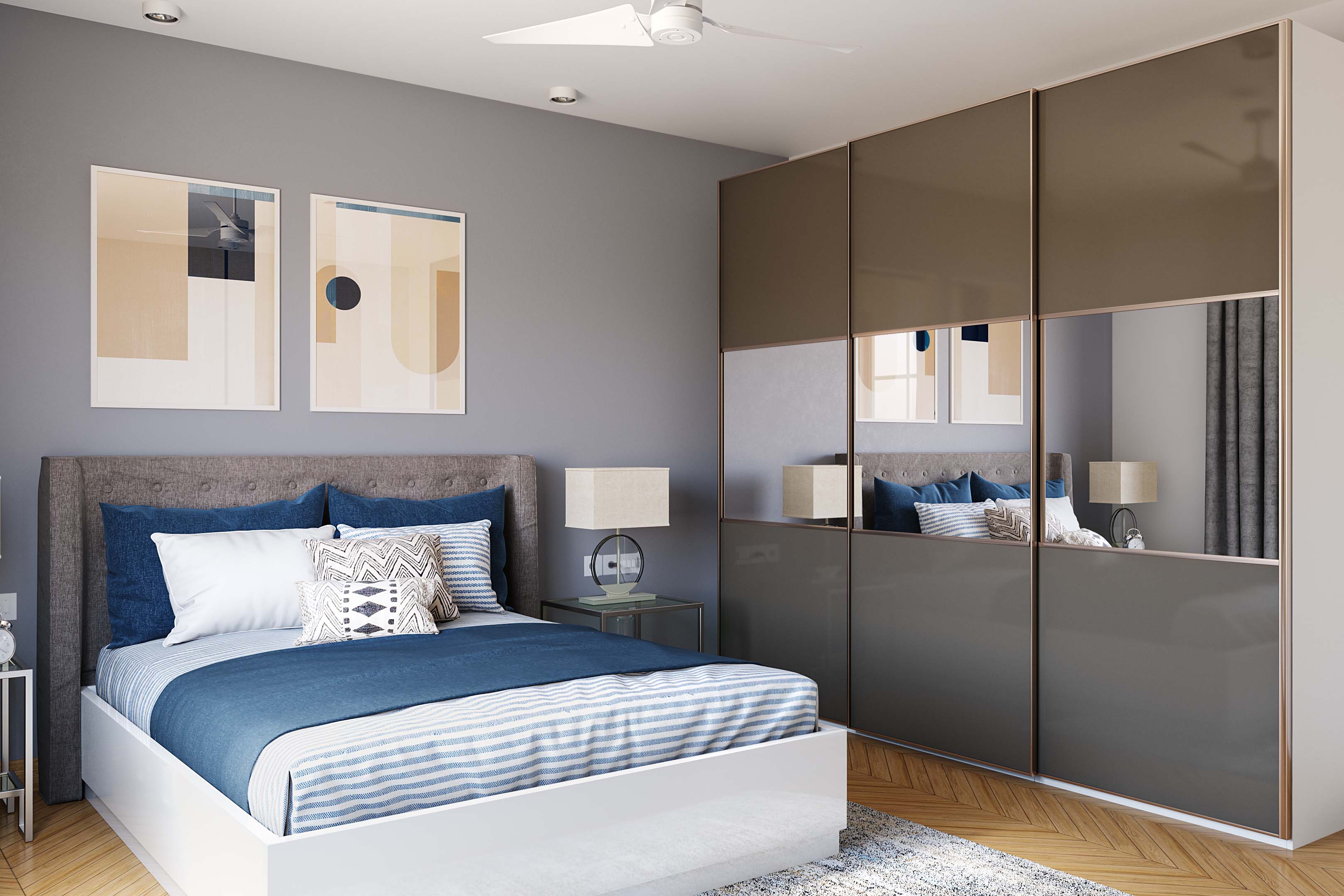 Customizable Contemporary Sliding Wardrobe with Mirrored Doors and Gold ...