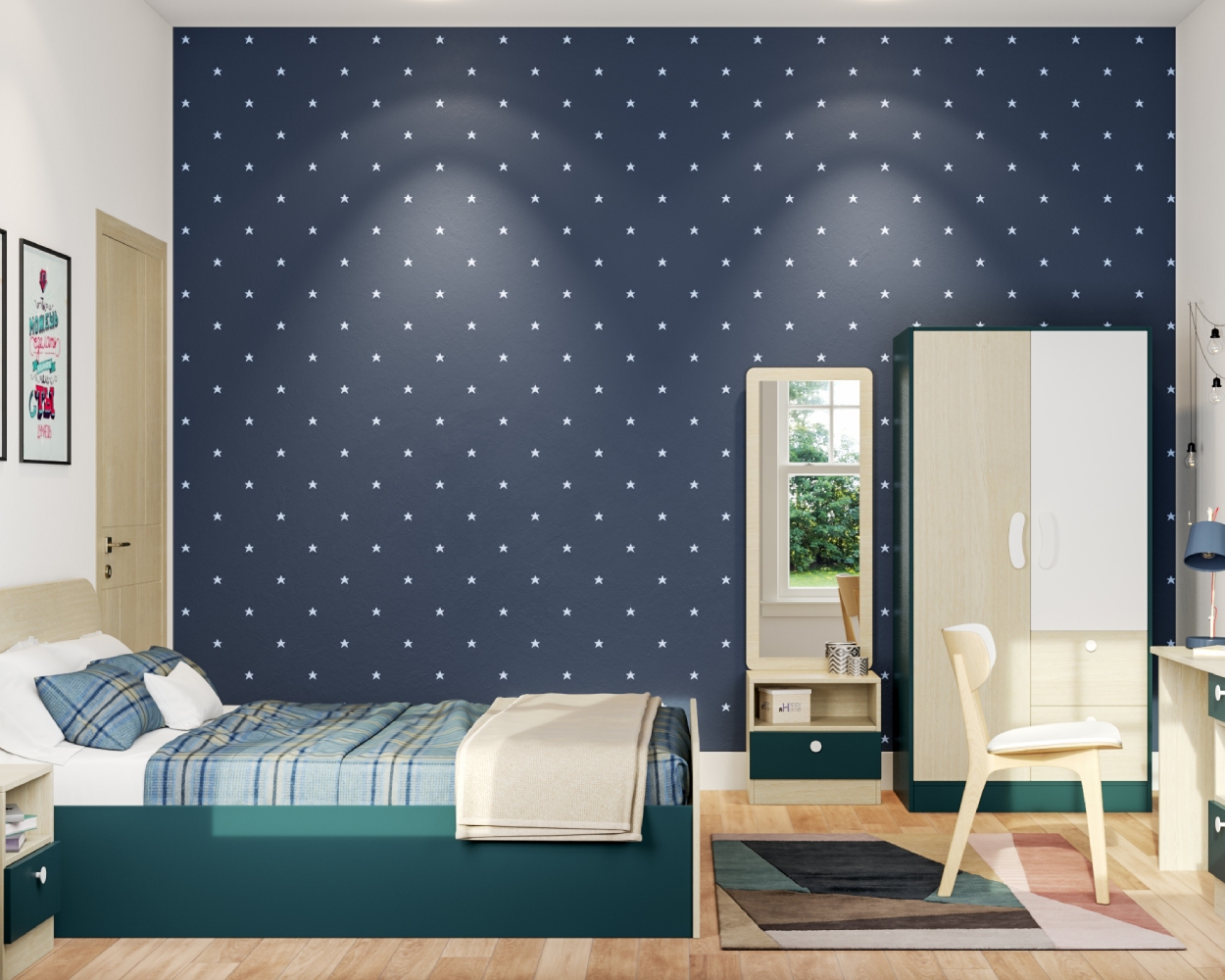 Dynamic Blue and White Star Wallpaper Design for a Modern Bedroom ...