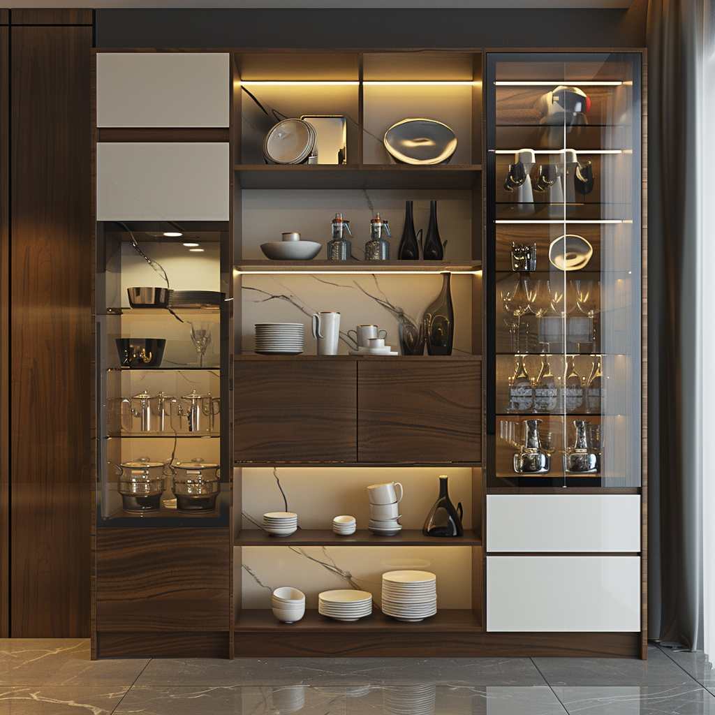 Modern Crockery Unit Design with Glass and Shutter Tall Unit | Livspace