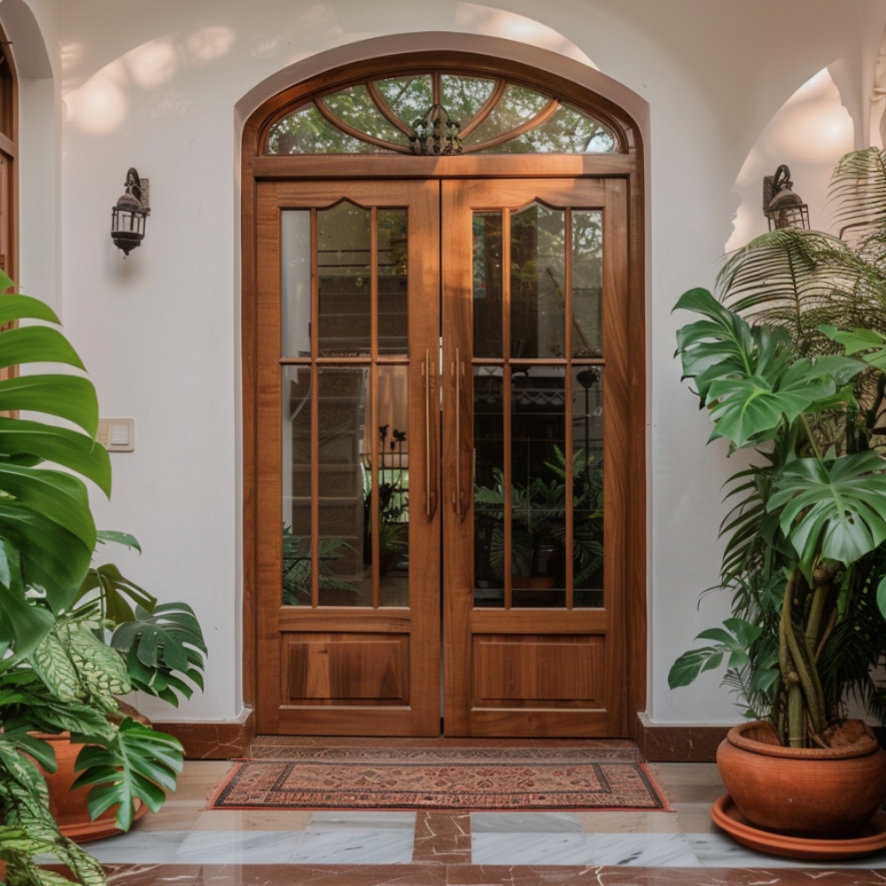 Traditional Swing Double Door Design: Matte Finish Glass and Plywood ...