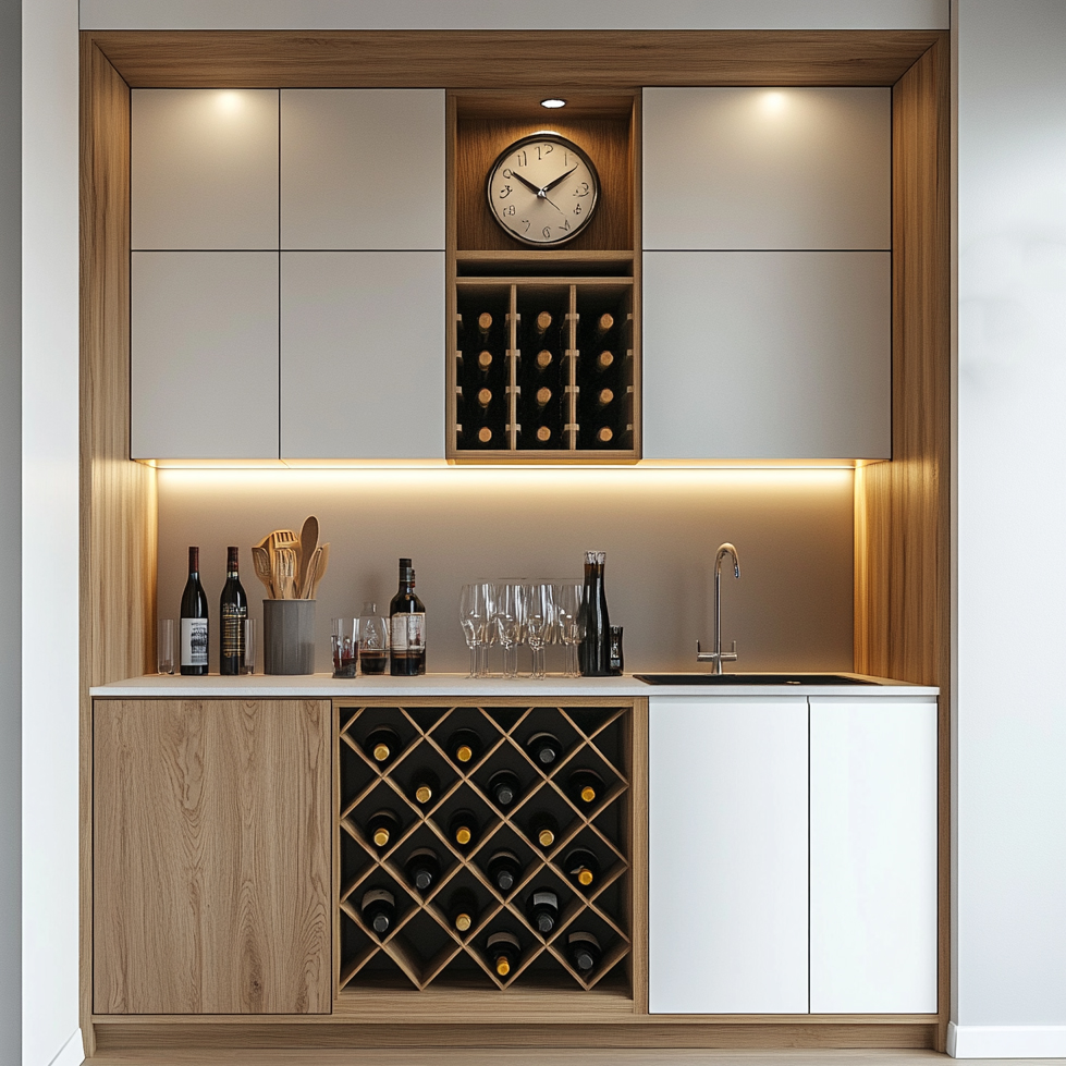 Modern Home Bar Design with Closed Cabinets, Open Shelves, and Wine ...