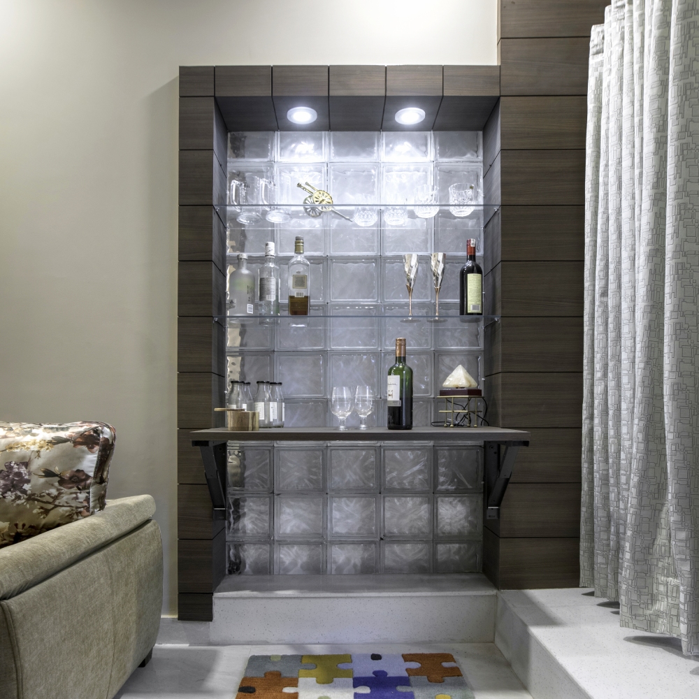 Modern Home Bar Unit Design Featuring Open Glass Racks for Bottles ...