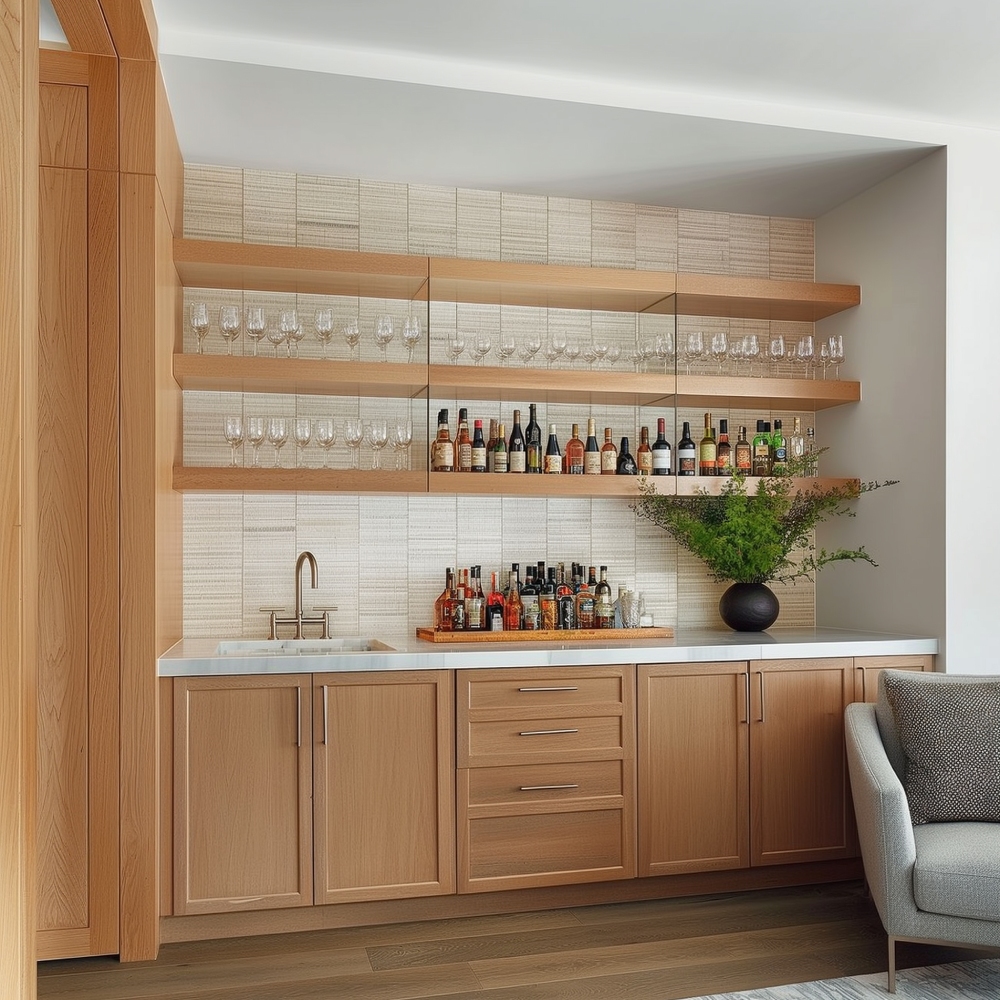 Spacious Scandinavian Home Bar Design Featuring Closed Storage, Drawers ...