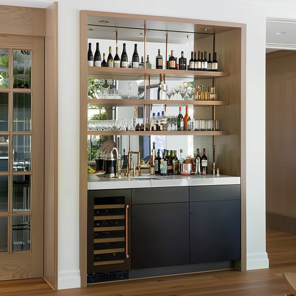 Sleek Modern Home Bar Design with Open Wall Shelves and Base Cabinet ...