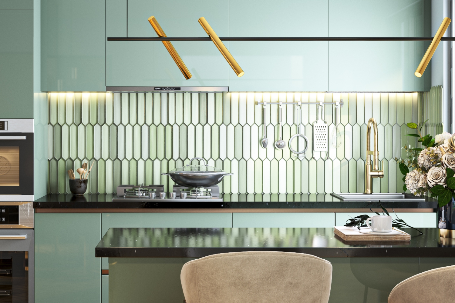 Durable and Stylish: Glossy Ceramic Kitchen Wall Tiles in Green Colour ...