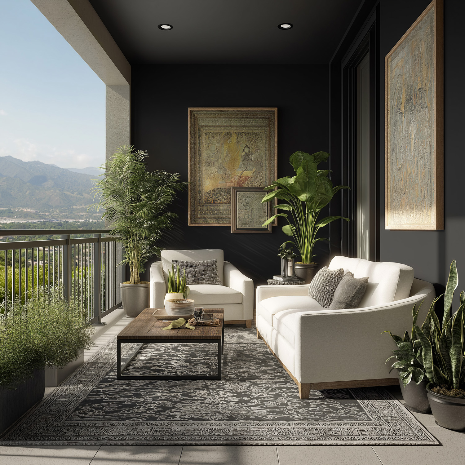 Contemporary Balcony Design with Dark Matte Accent Wall and White Sofas ...
