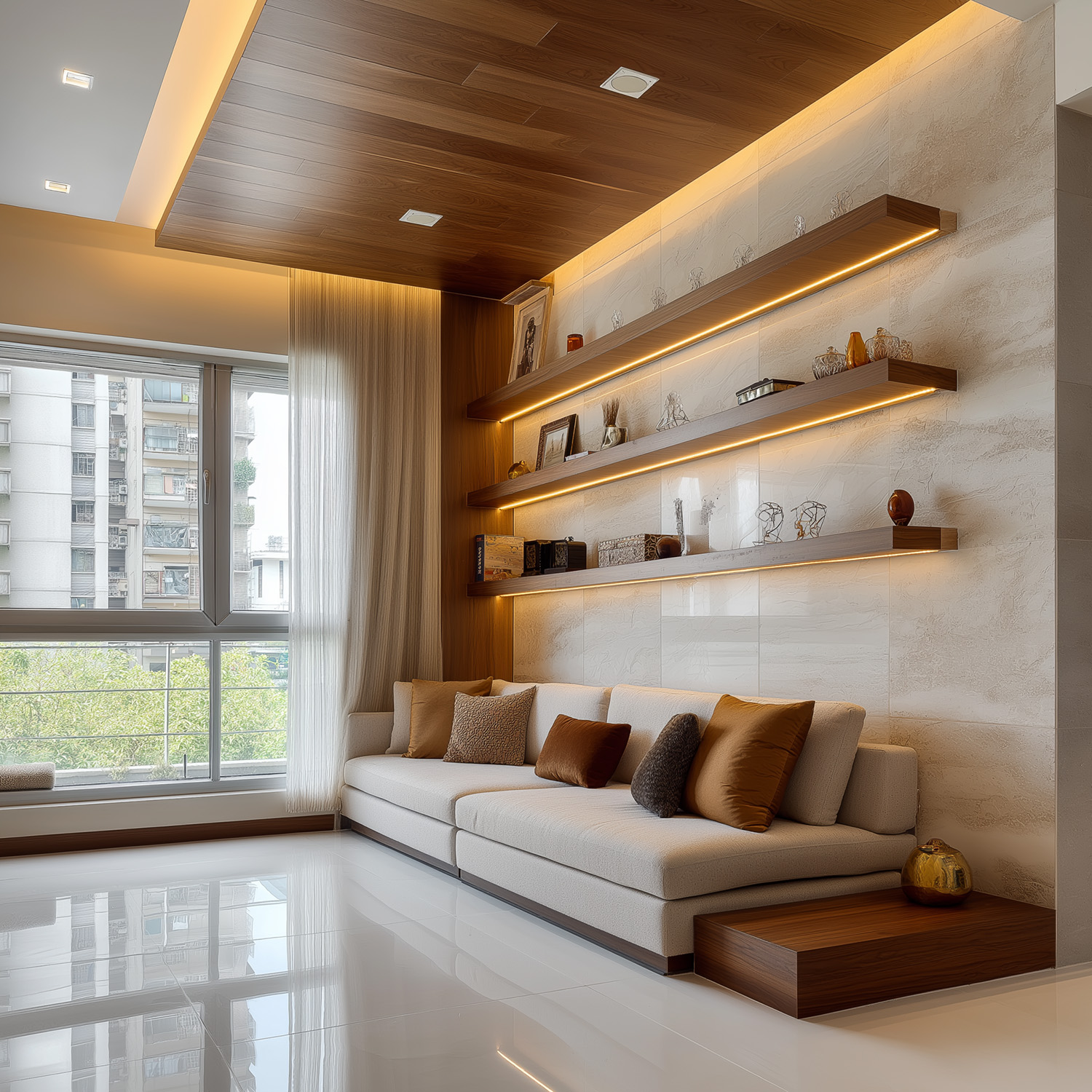 Living Room Design with Contemporary Low-Profile Beige Sofa and ...