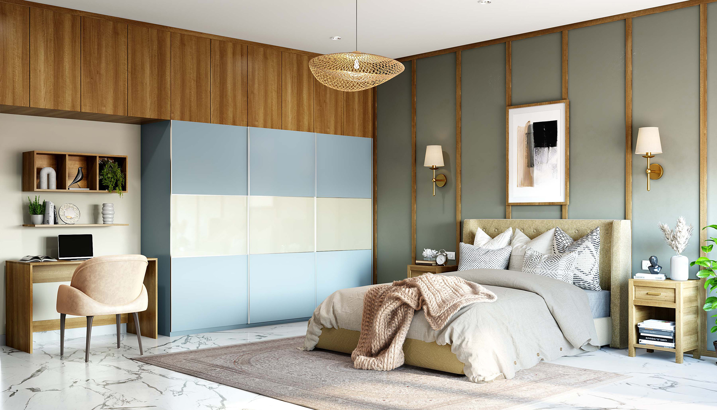 Modern Master Bedroom Design With Olive Panel Wall And Sliding Wardrobe ...