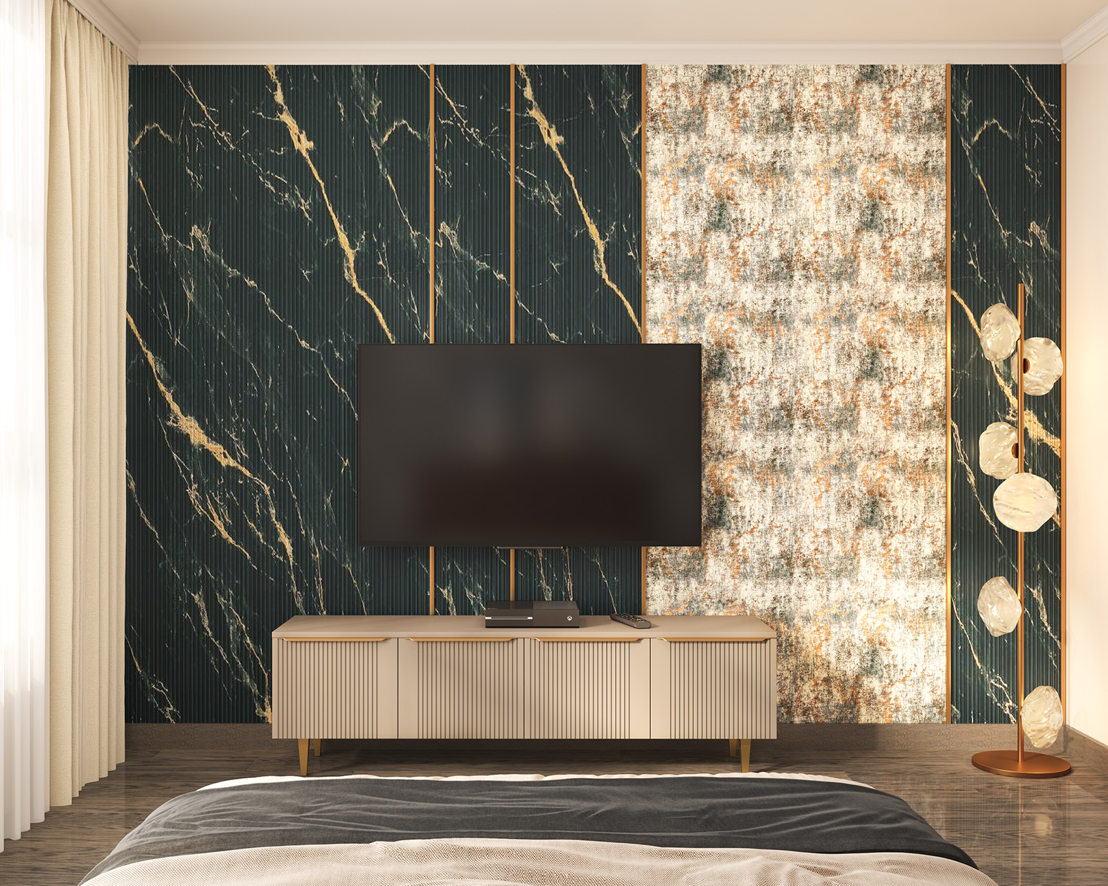 Beige Modern TV Unit Design with Fluted Panels and Gold Inlays | Livspace