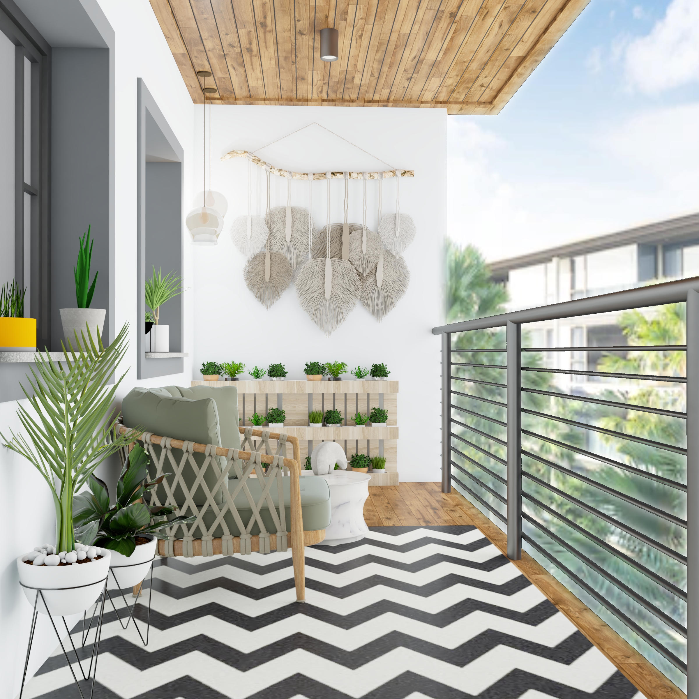 Wooden Flooring and Ceiling Compact Balcony Design with Macrame Art ...