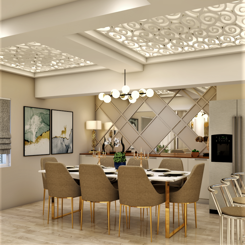 Spacious 8-Seater Dining Room with Crockery Unit and Mirrored Wall ...