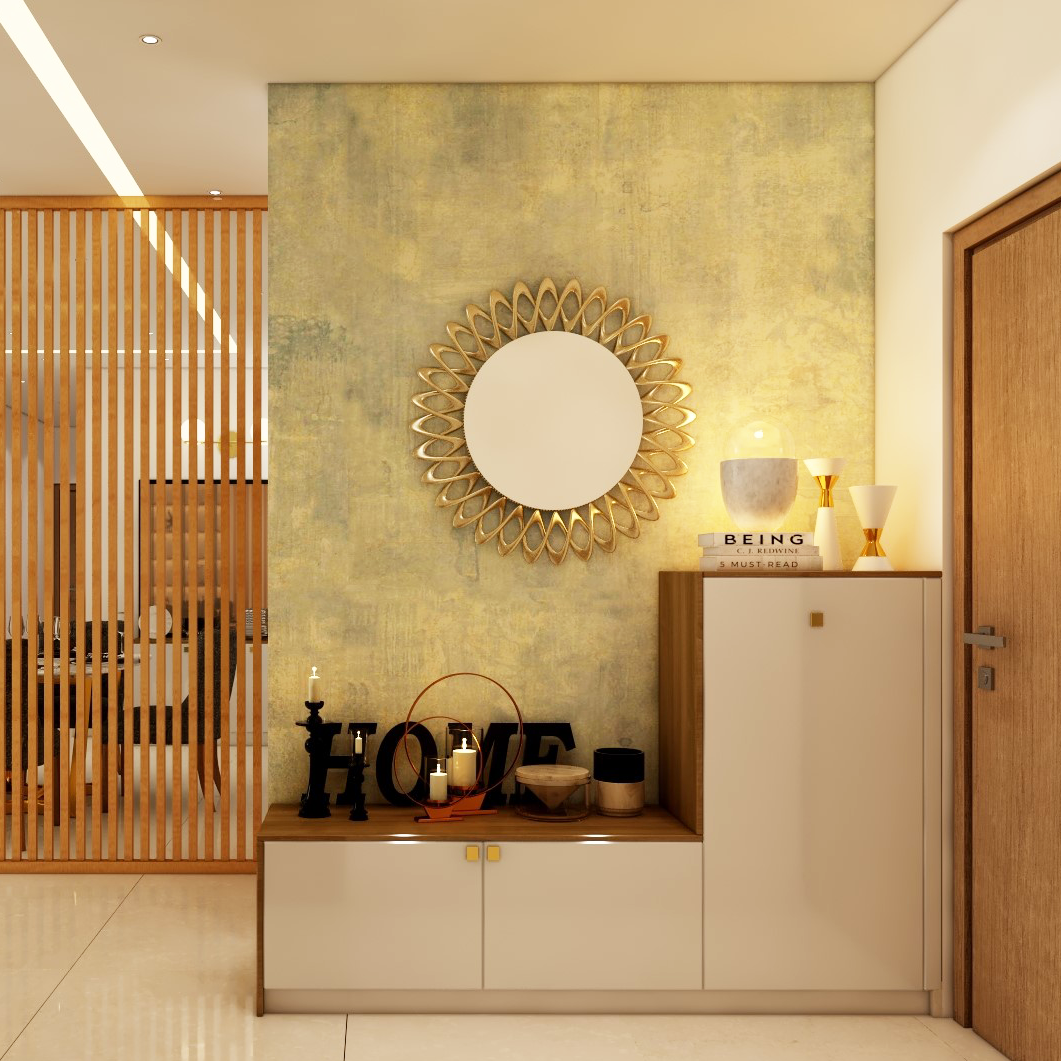 Wooden Panelling Modern Spacious Entrance Foyer Design with Mirror ...