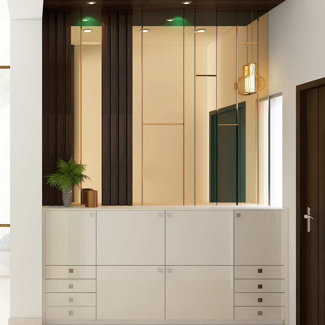 Contemporary Compact Foyer Design Idea with Mirror Panels | Livspace