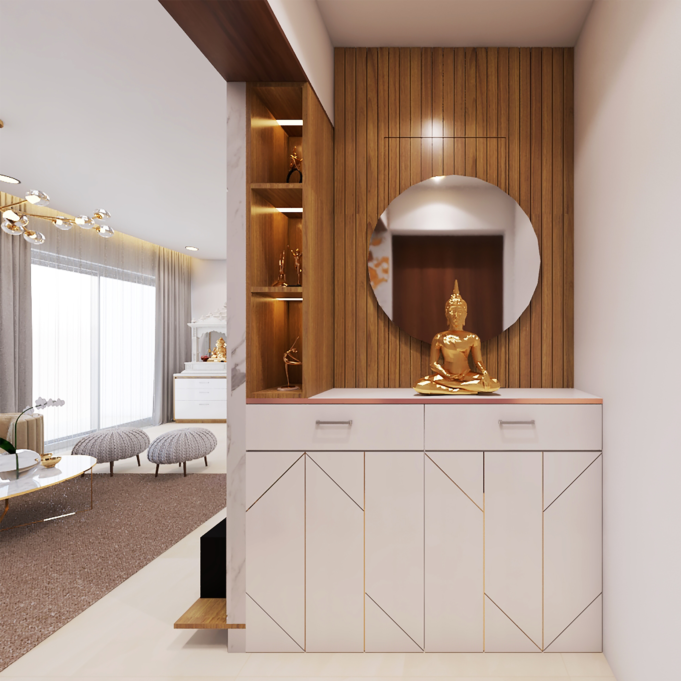 Wooden Texture Modern Compact Foyer Design Idea with Mirror | Livspace