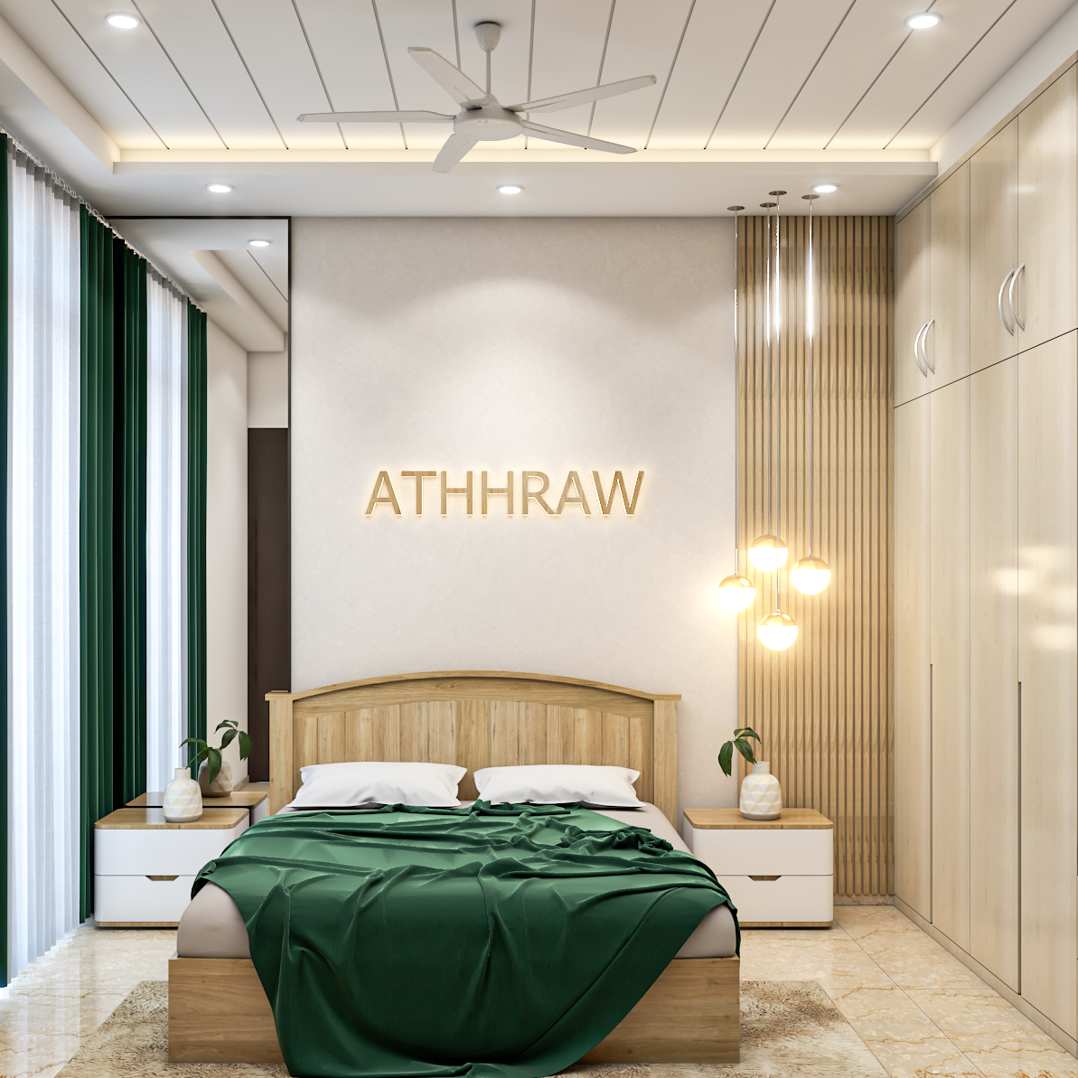 Modern Bedroom with Textured Letters on Accent Wall | Livspace