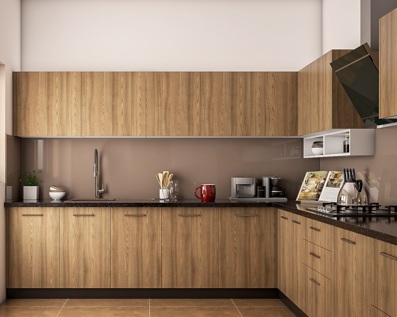 Rustic Style L-Shaped Brown-Coloured Modular Kitchen Design | Livspace