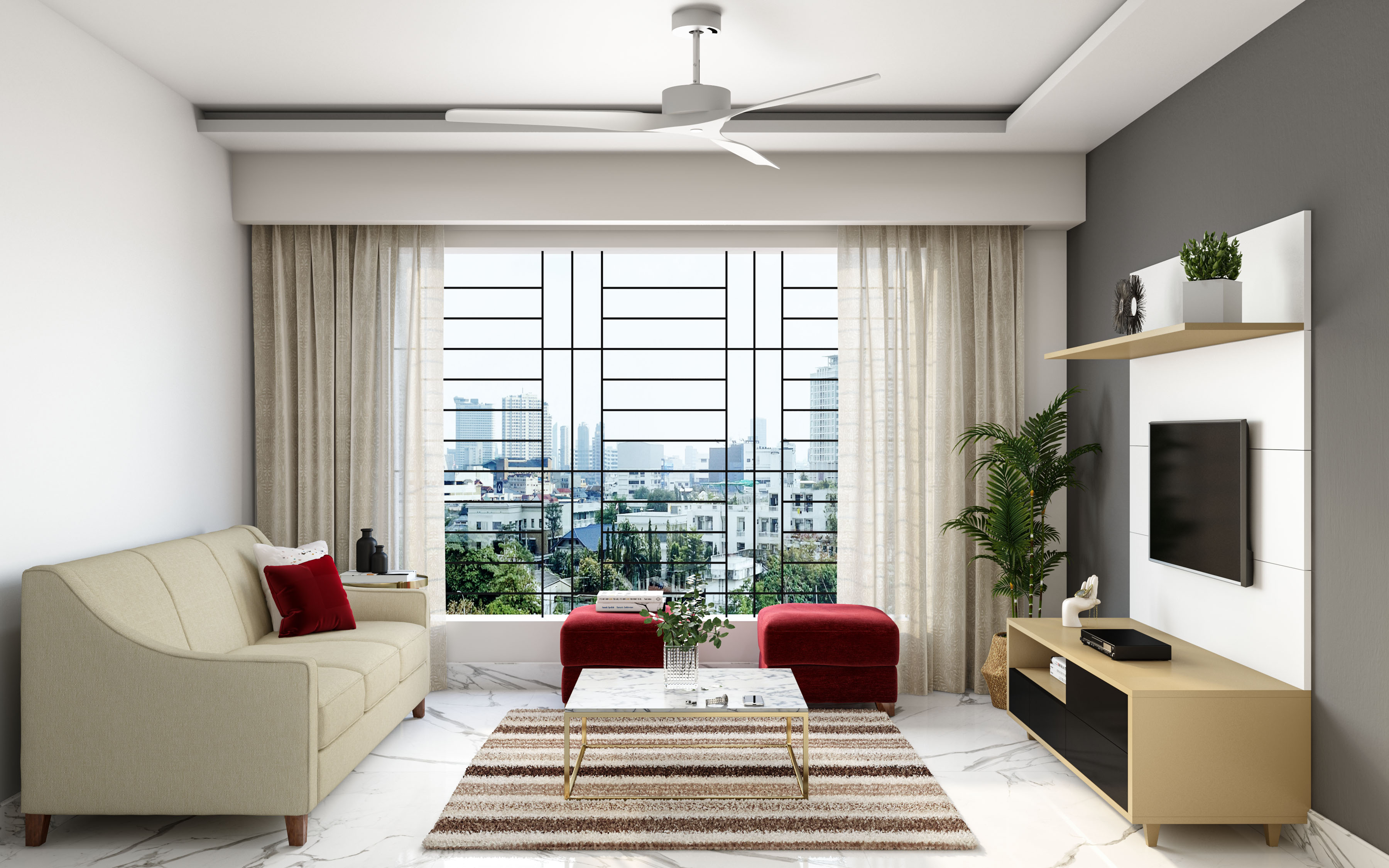 Convenient Modern Theme Spacious Living Room Design | Livspace