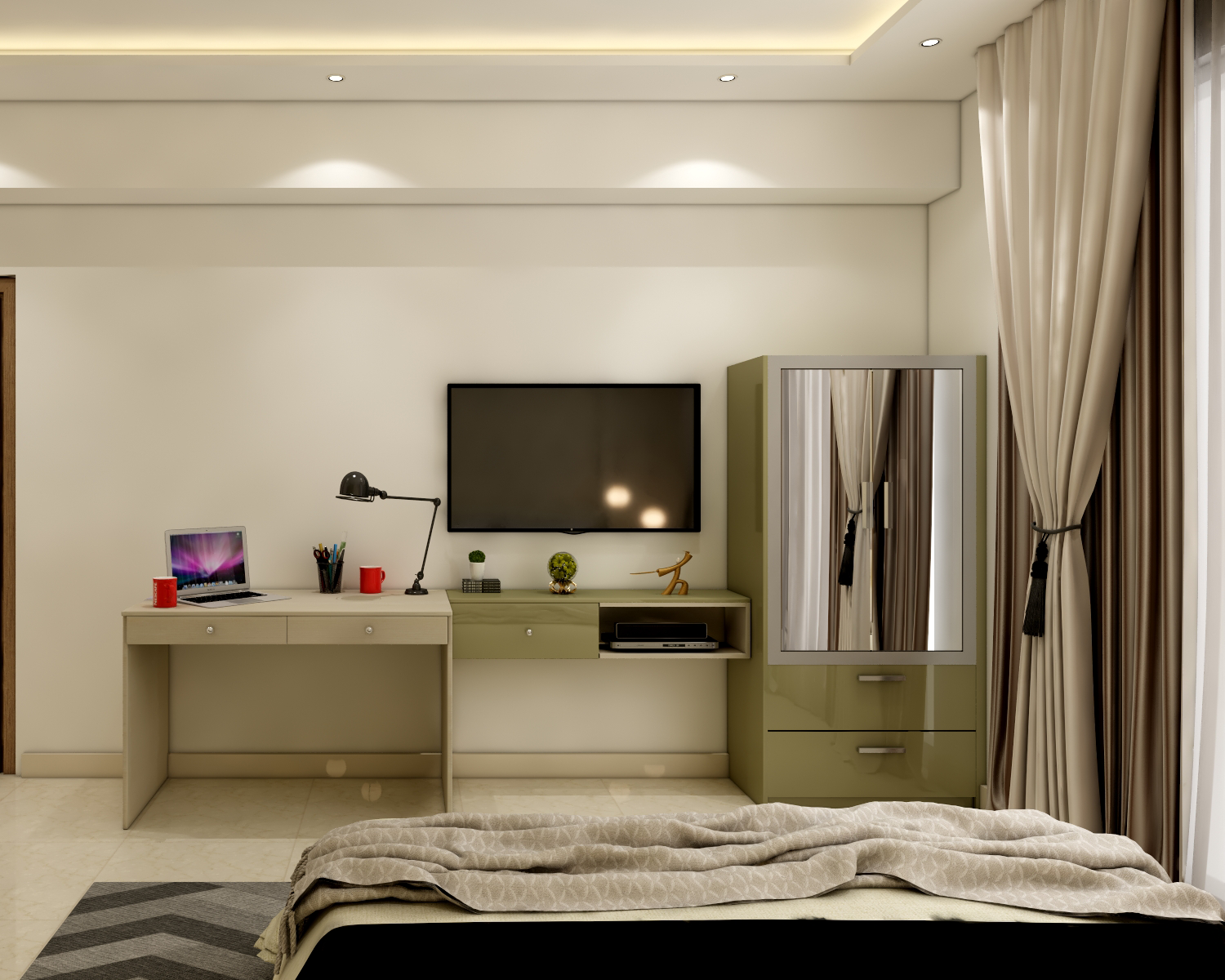 Modern Spacious Master Bedroom Design with Glossy Wardrobe and Loft ...