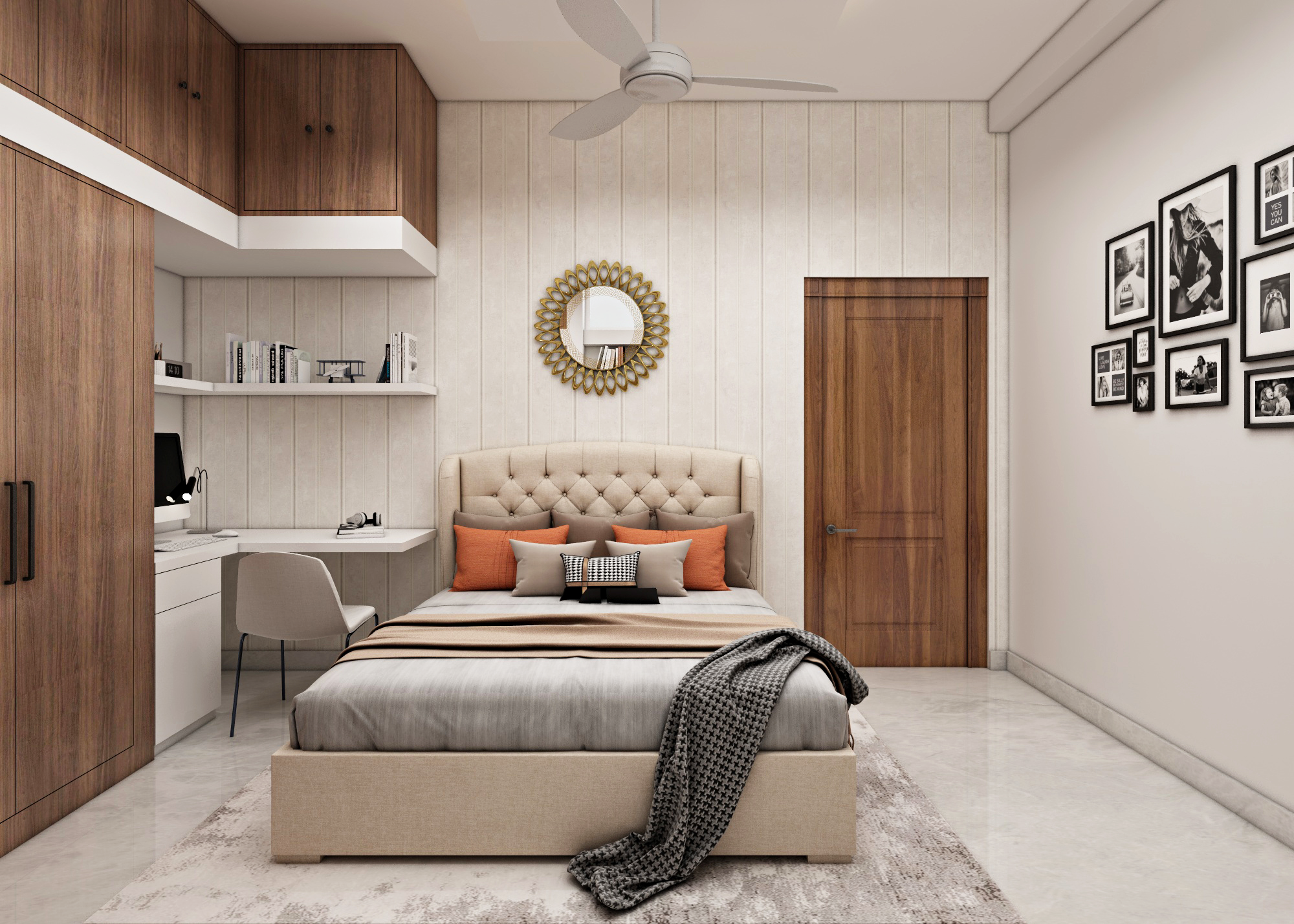 Wooden Modern Compact Master Bedroom Design with Study Table Livspace