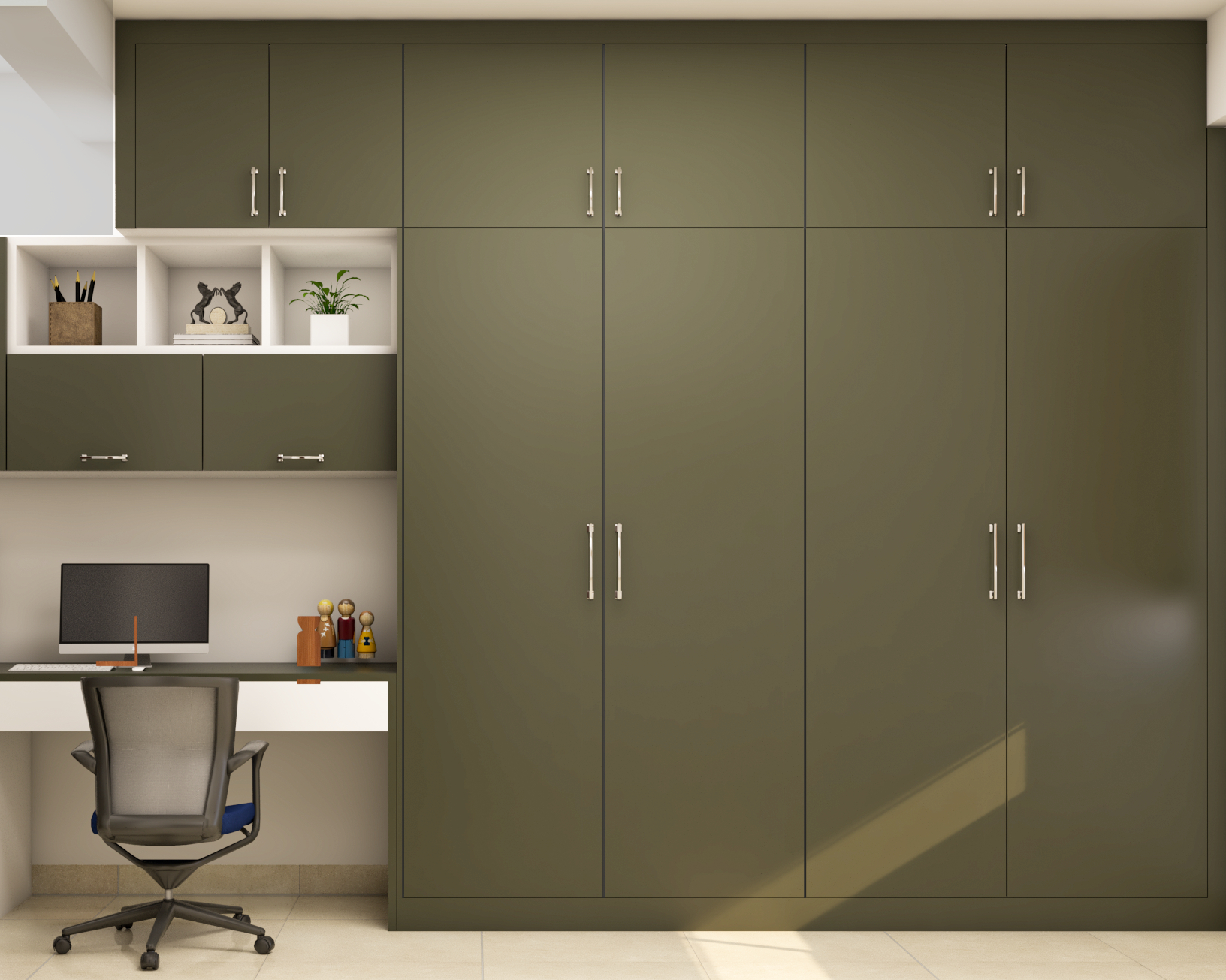 Dark Olive Wardrobe Design With Open Hinges And Modular Look | Livspace