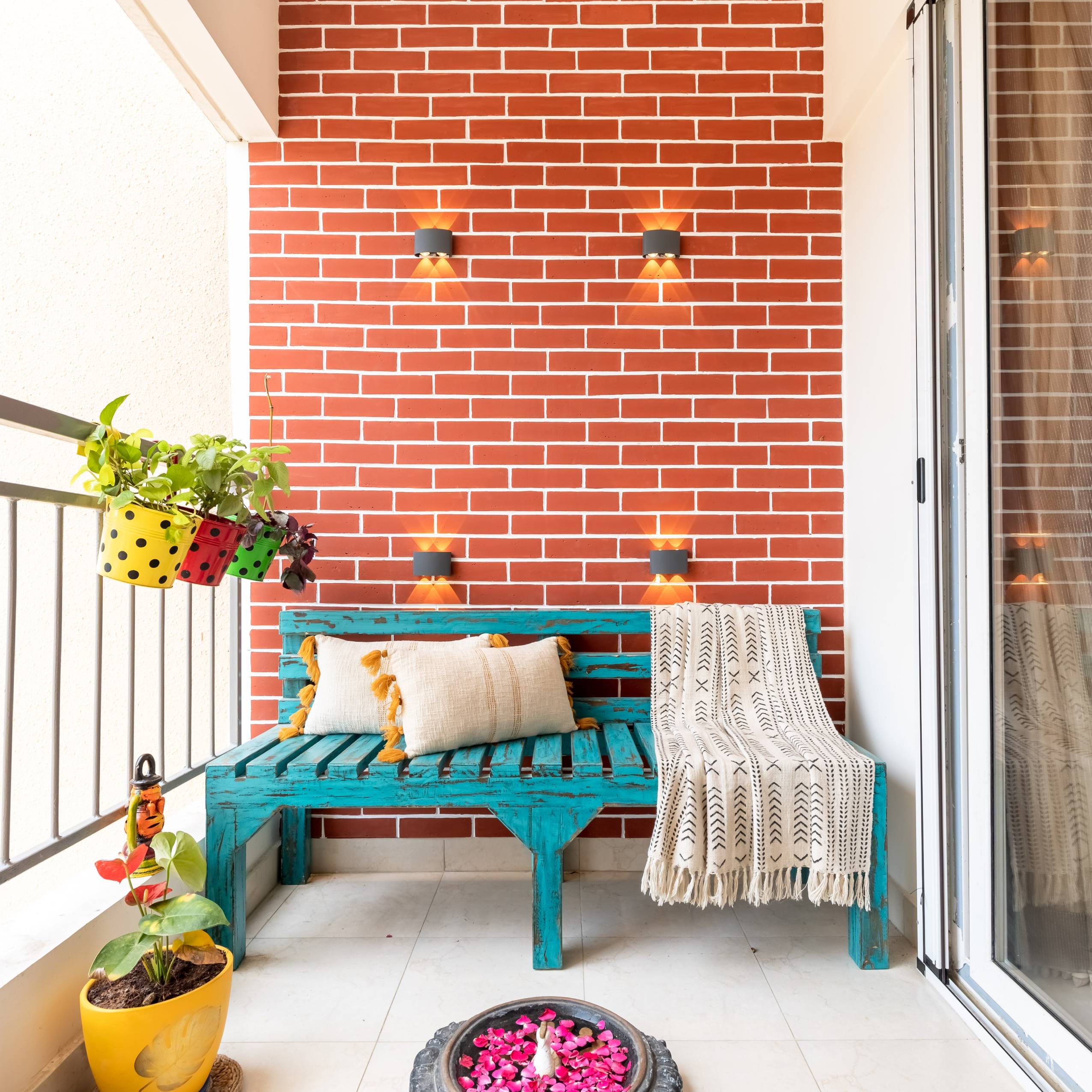 Compact Balcony Design With A Teal Blue Bench | Livspace