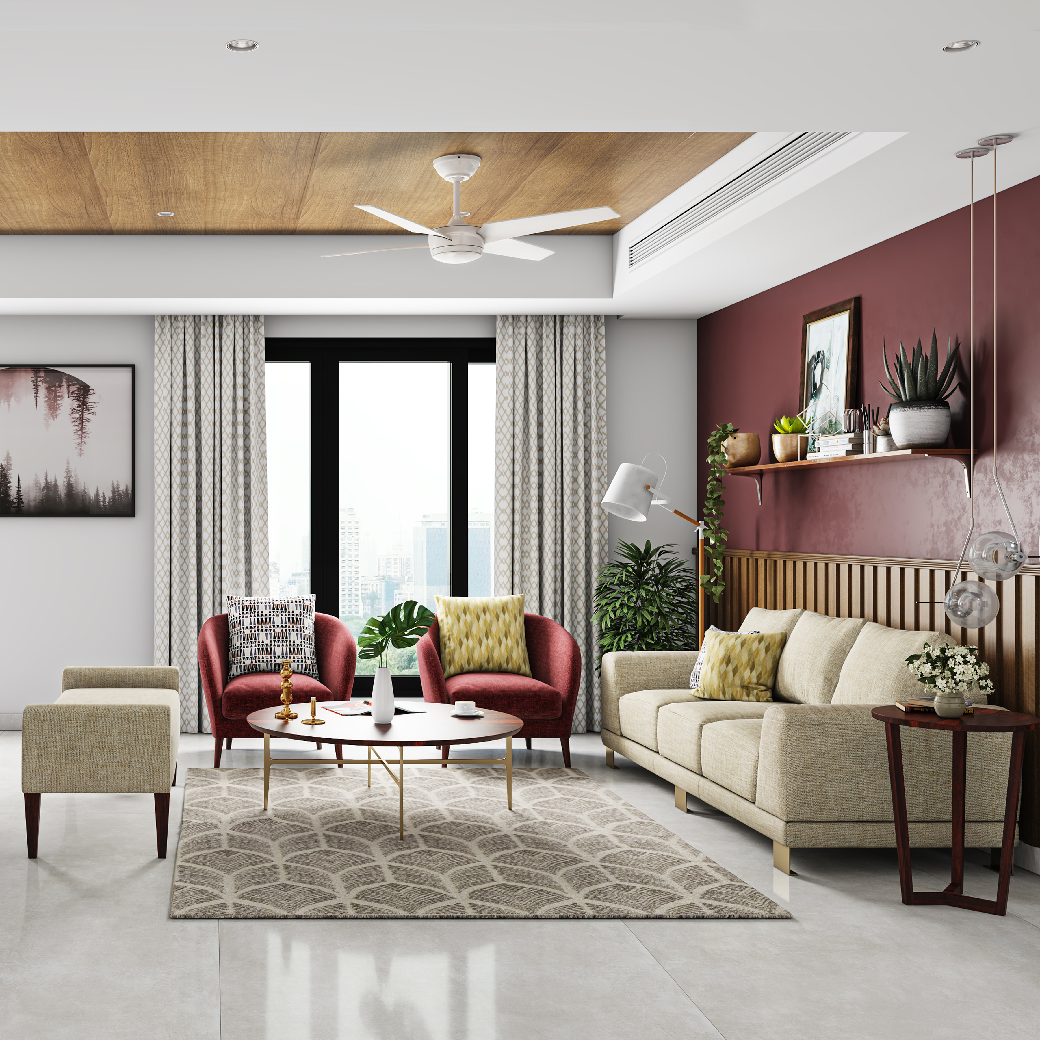 Gypsum And Wood Single-Layered New Hall Ceiling Design | Livspace