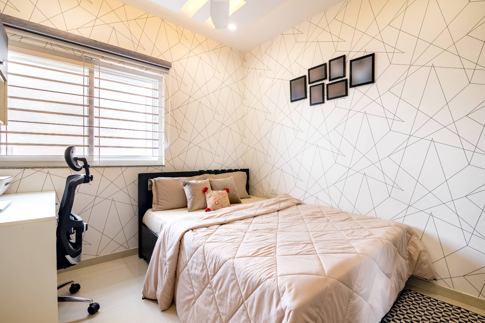Compact Guest Room Design With Geometric Wallpaper | Livspace