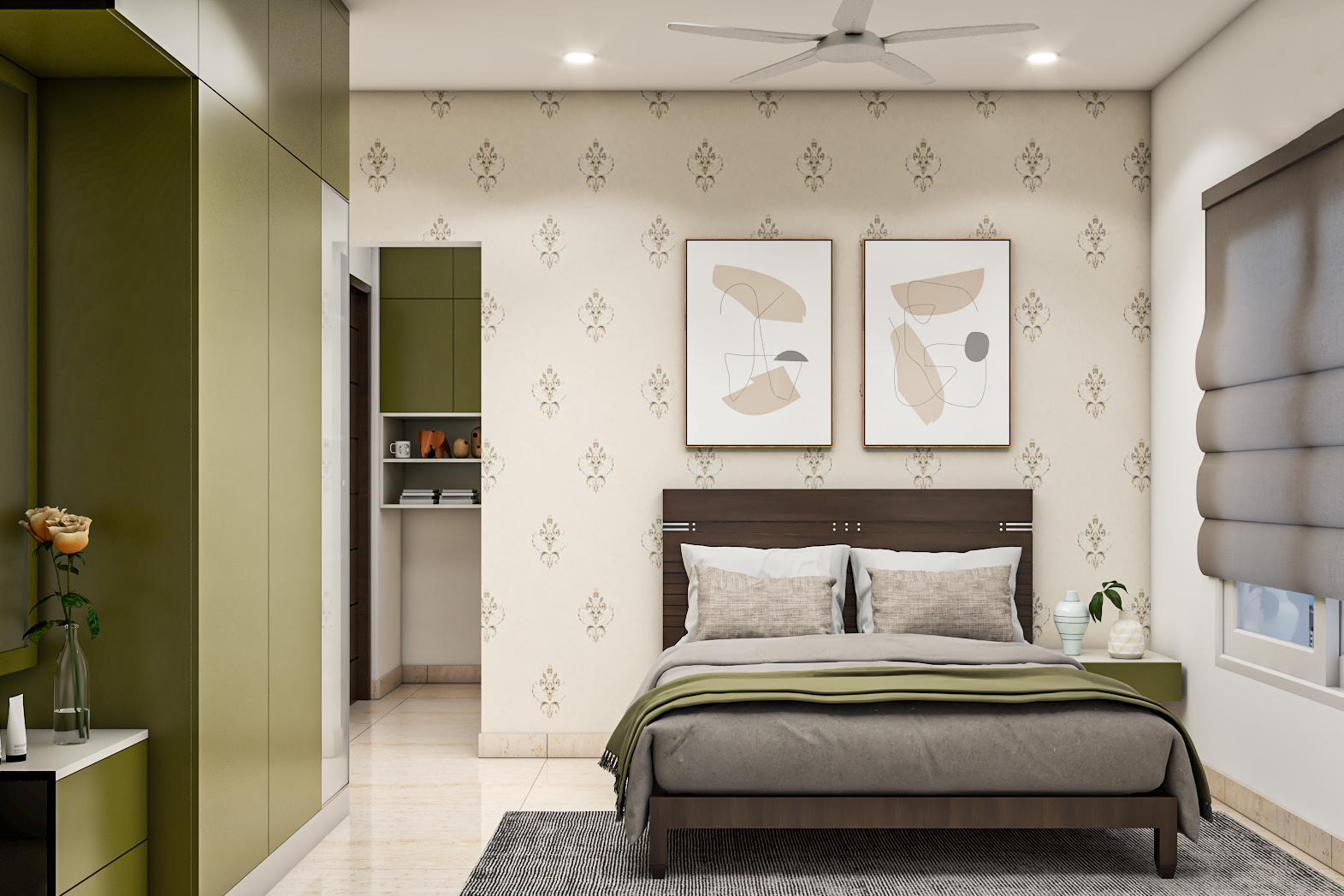 Spacious Guest Bedroom Design With Patterned Wallpaper | Livspace