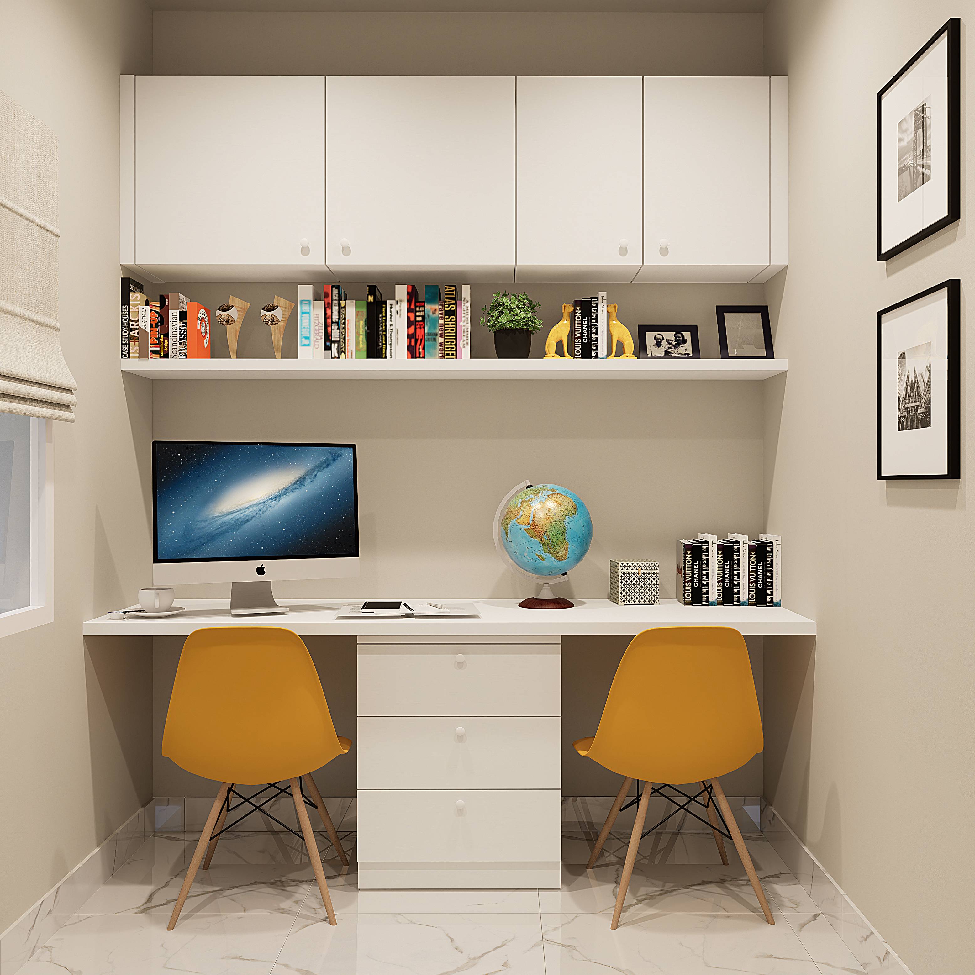 Study Table, Wall Storage and Yellow Chair: Contemporary Home Office ...