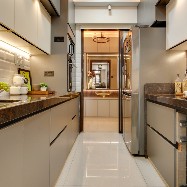 Parallel Modular Kitchen Design With Cream And White Cabinets - 11x7 Ft ...
