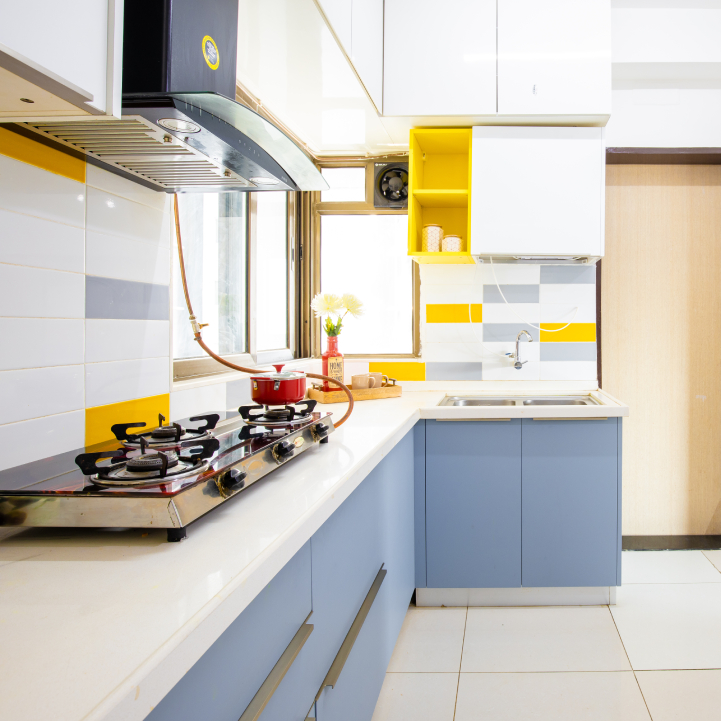Kitchen Design With Colourful Wall Shelves | Livspace