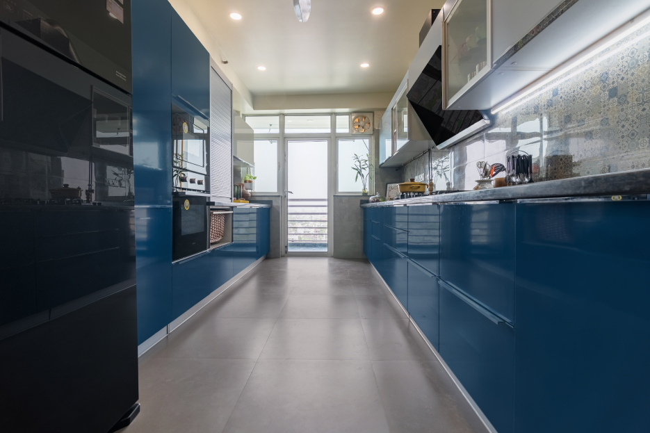 Parallel Kitchen Design With Mosaic Backsplash Tiles | Livspace