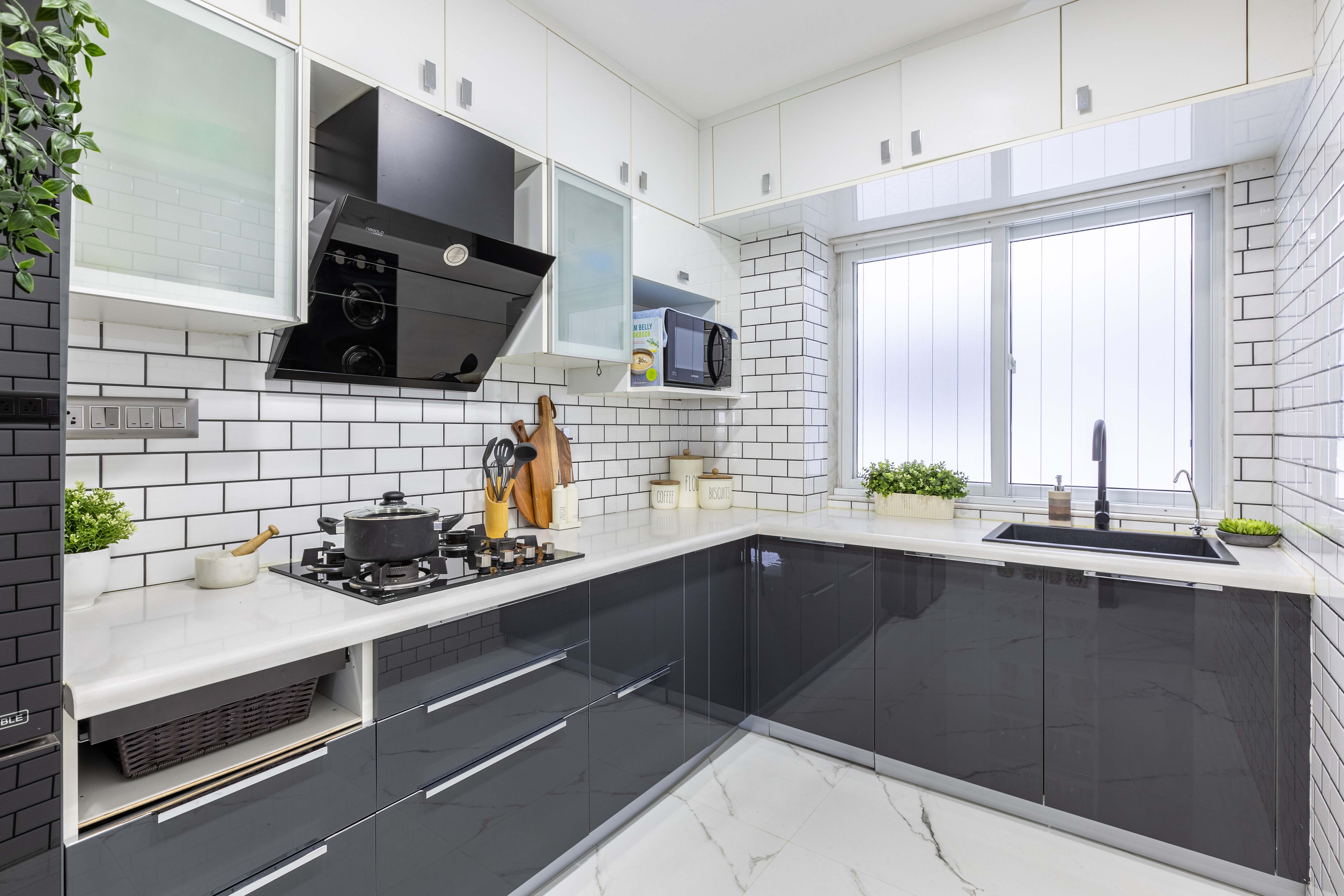 Modular L-Shaped Kitchen Design With White Brick-Patterned Dado Tiles ...