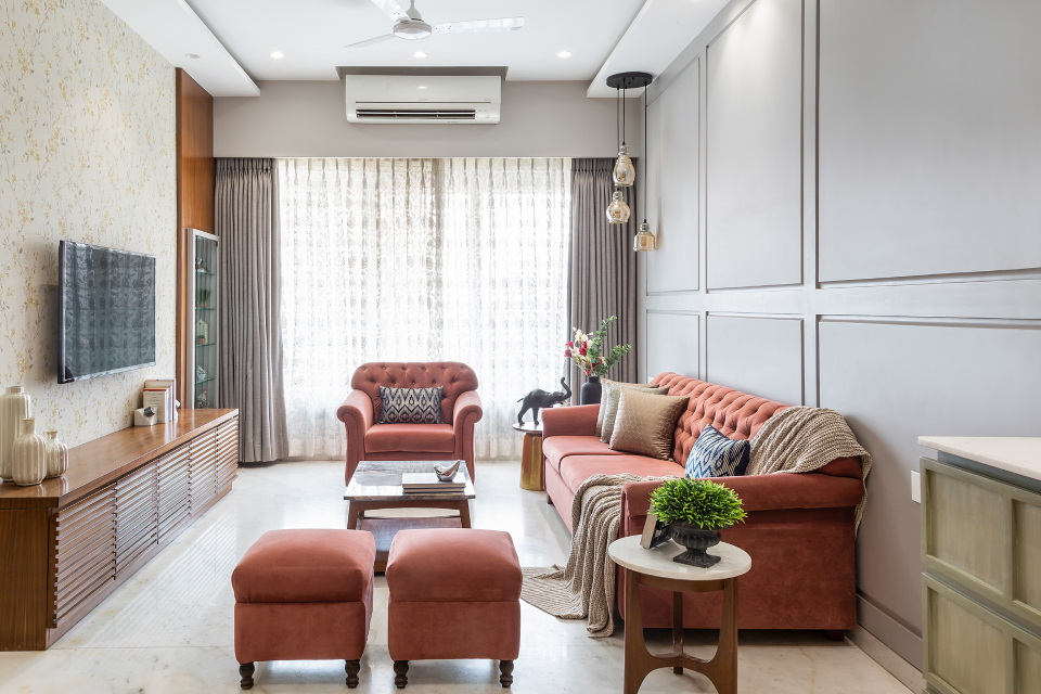 Compact Drawing Room Design With Pink Seating Options | Livspace