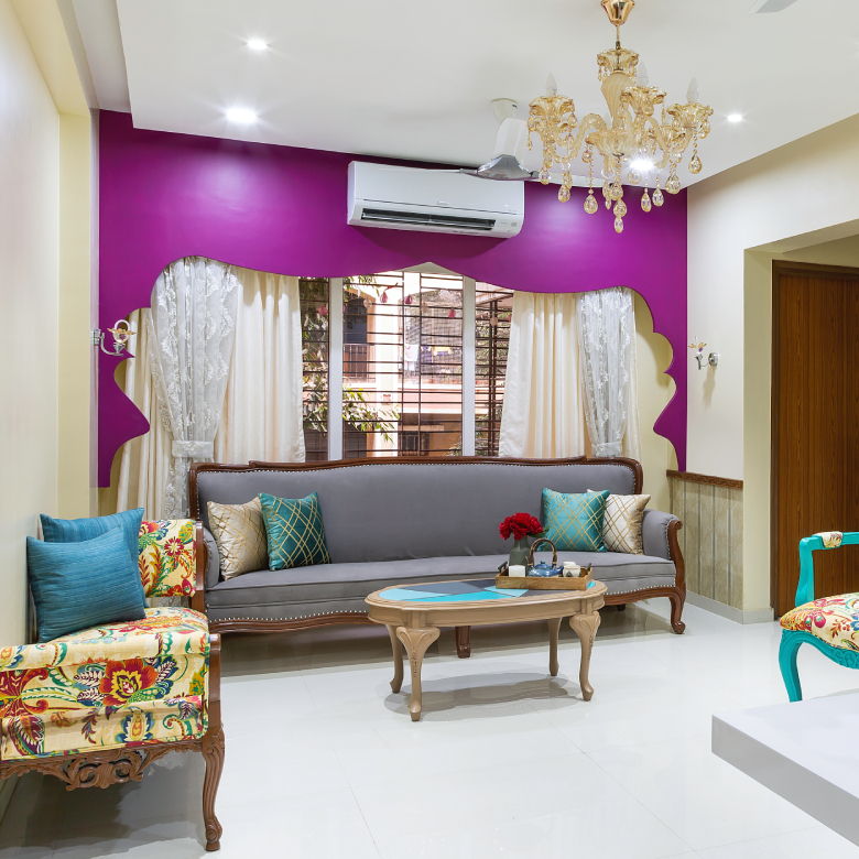 Compact Drawing Room Design With Colourful Seating | Livspace