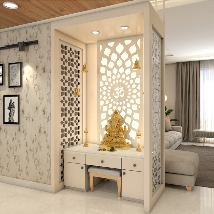 Compact Pooja Room Design With Overhead Lighting | Livspace