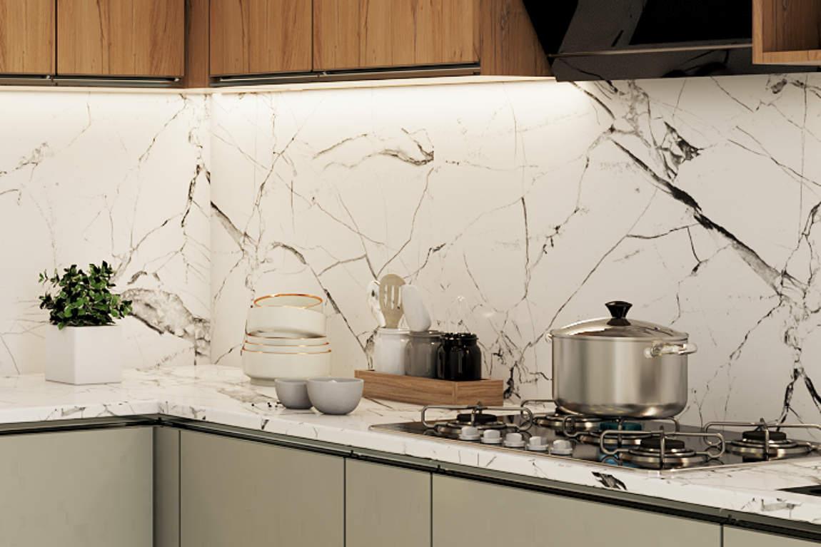 Glossy White Ceramic Tiles Design For Kitchens | Livspace