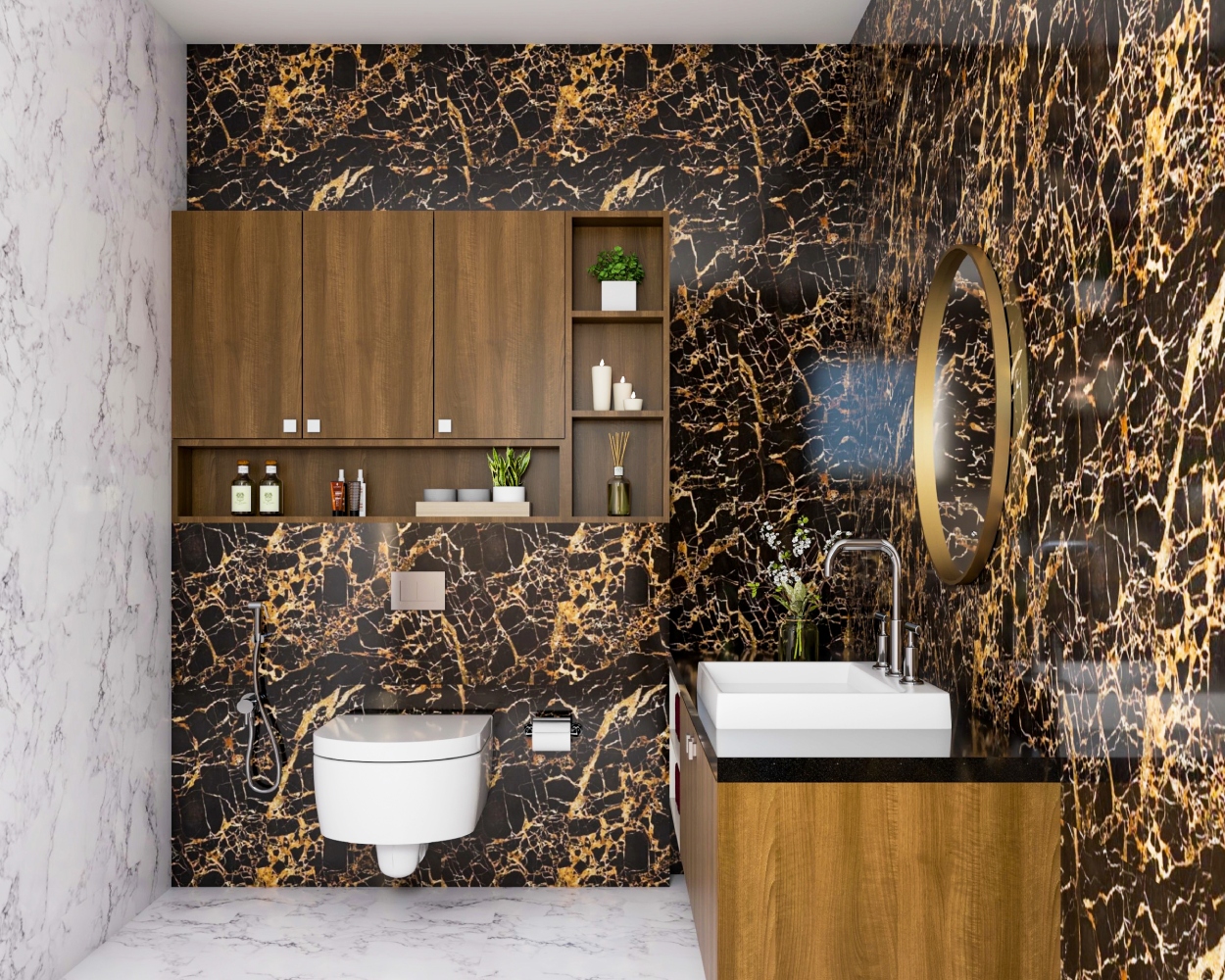 Abstract Black And Gold Ceramic Tile Design For Bathroom | Livspace