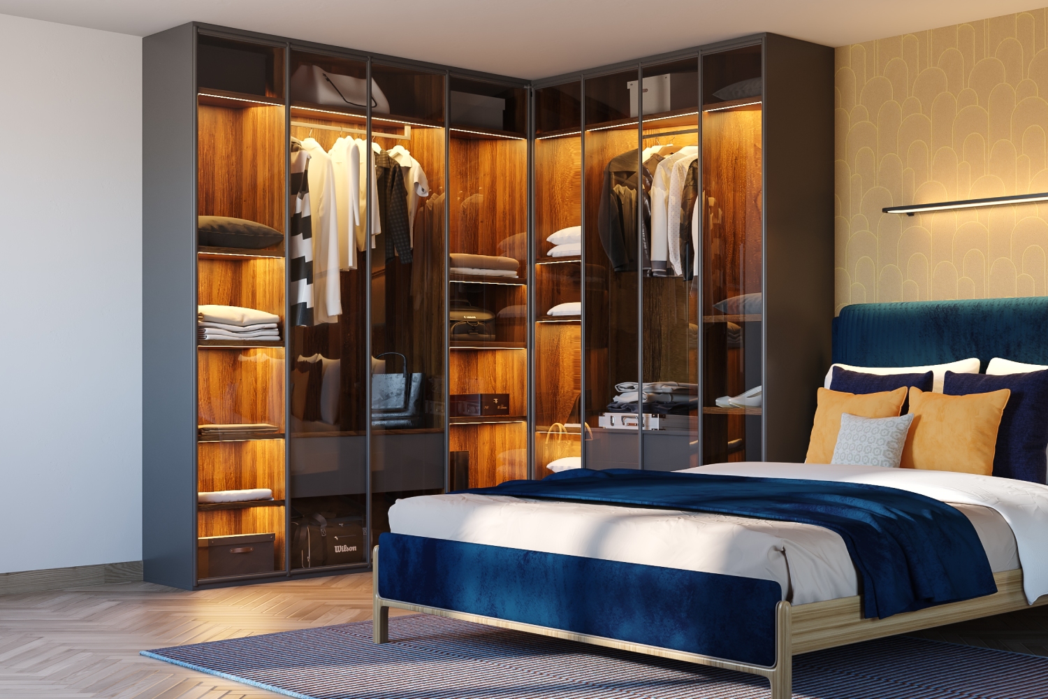 8-Door L-Shaped Contemporary Glass Shutter Wardrobe Design With Grey ...