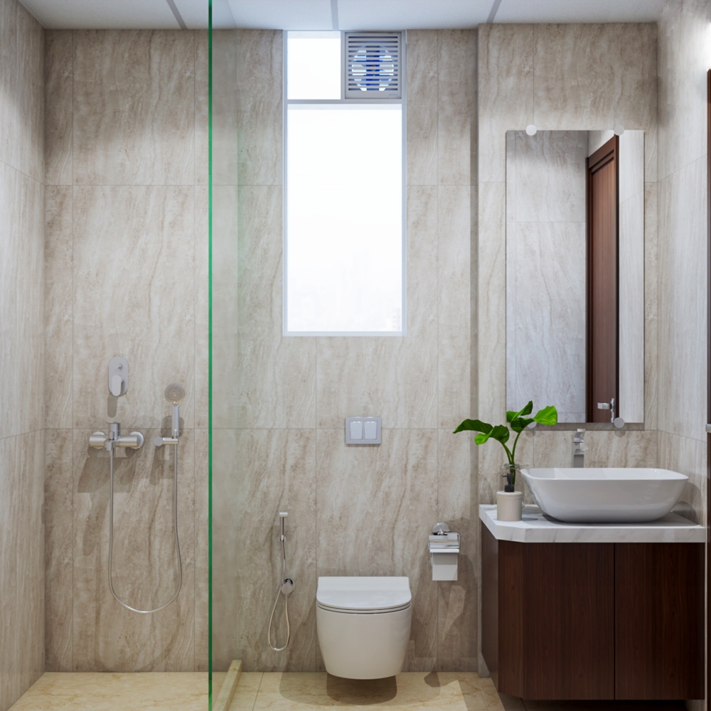 Compact Beige Bathroom Design With Glass Partition And Dark Wood Vanity ...