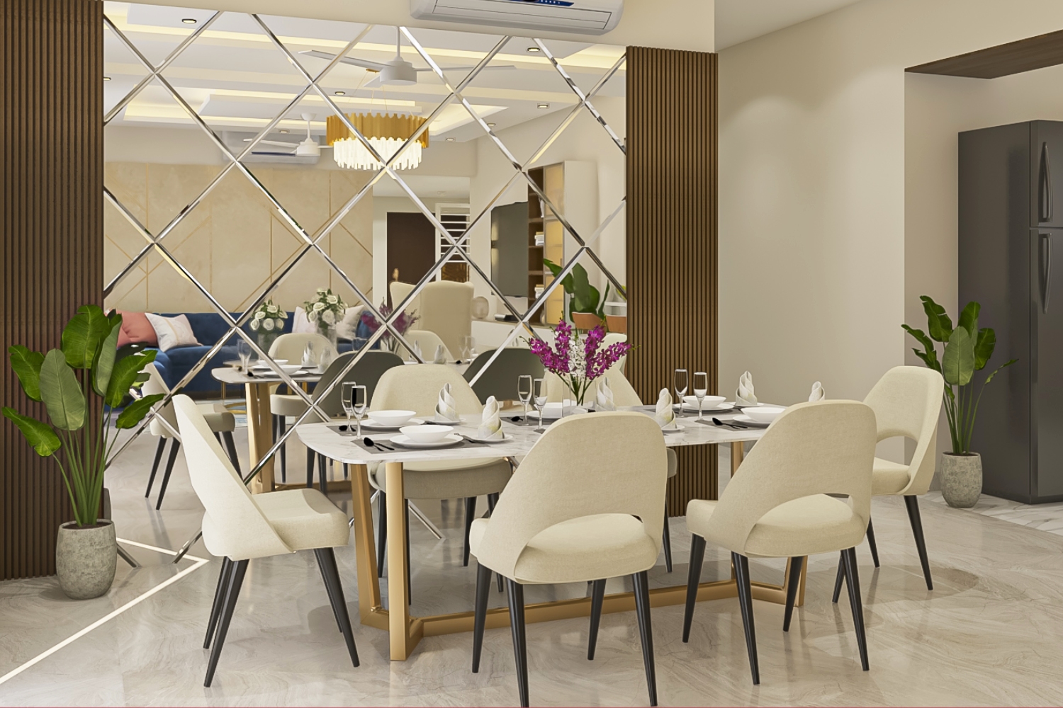 Spacious Dining Room Design With White And Beige 6-Seater Dining Table ...