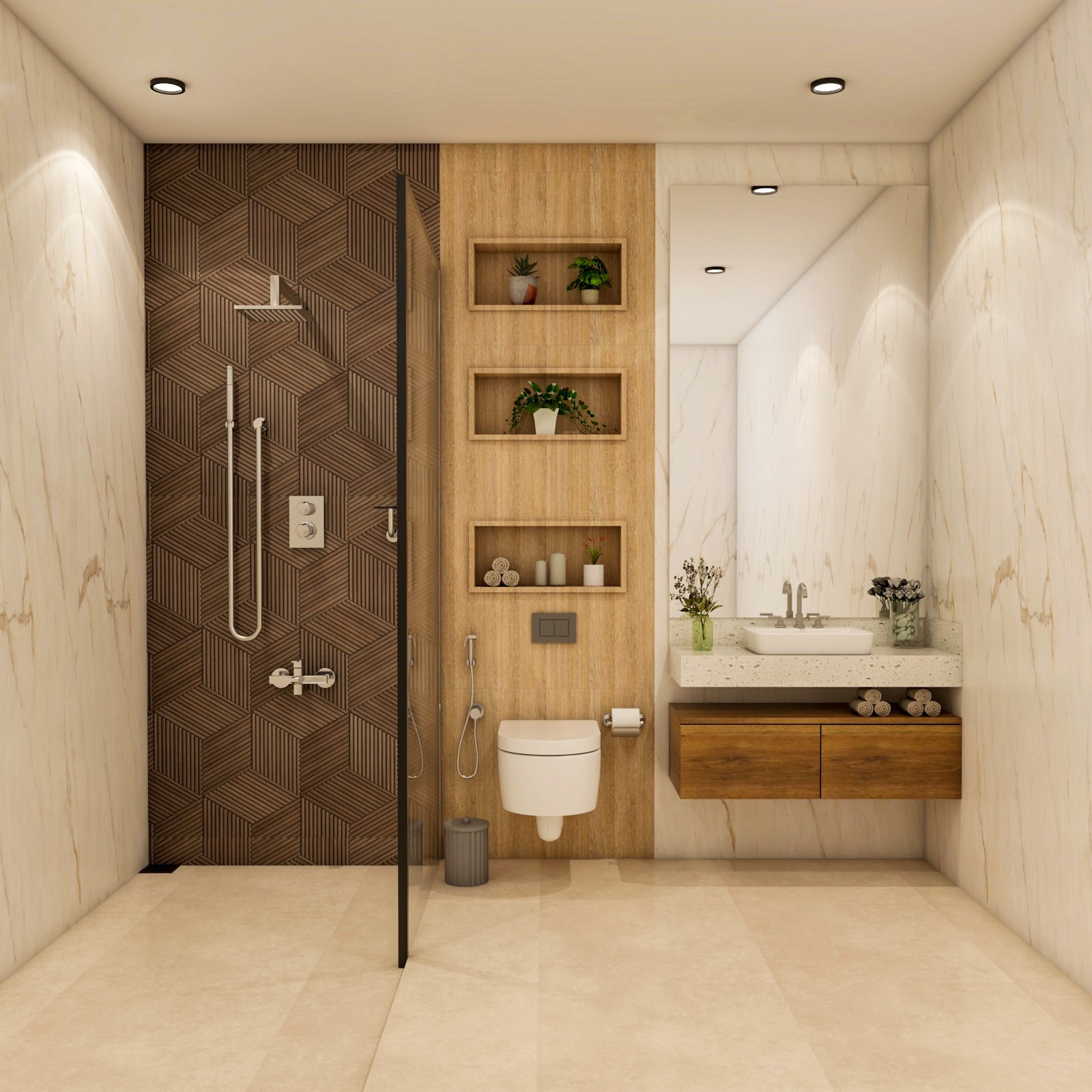 Compact Dark Brow And Light Brown Bathroom Design With Wooden Vanity ...