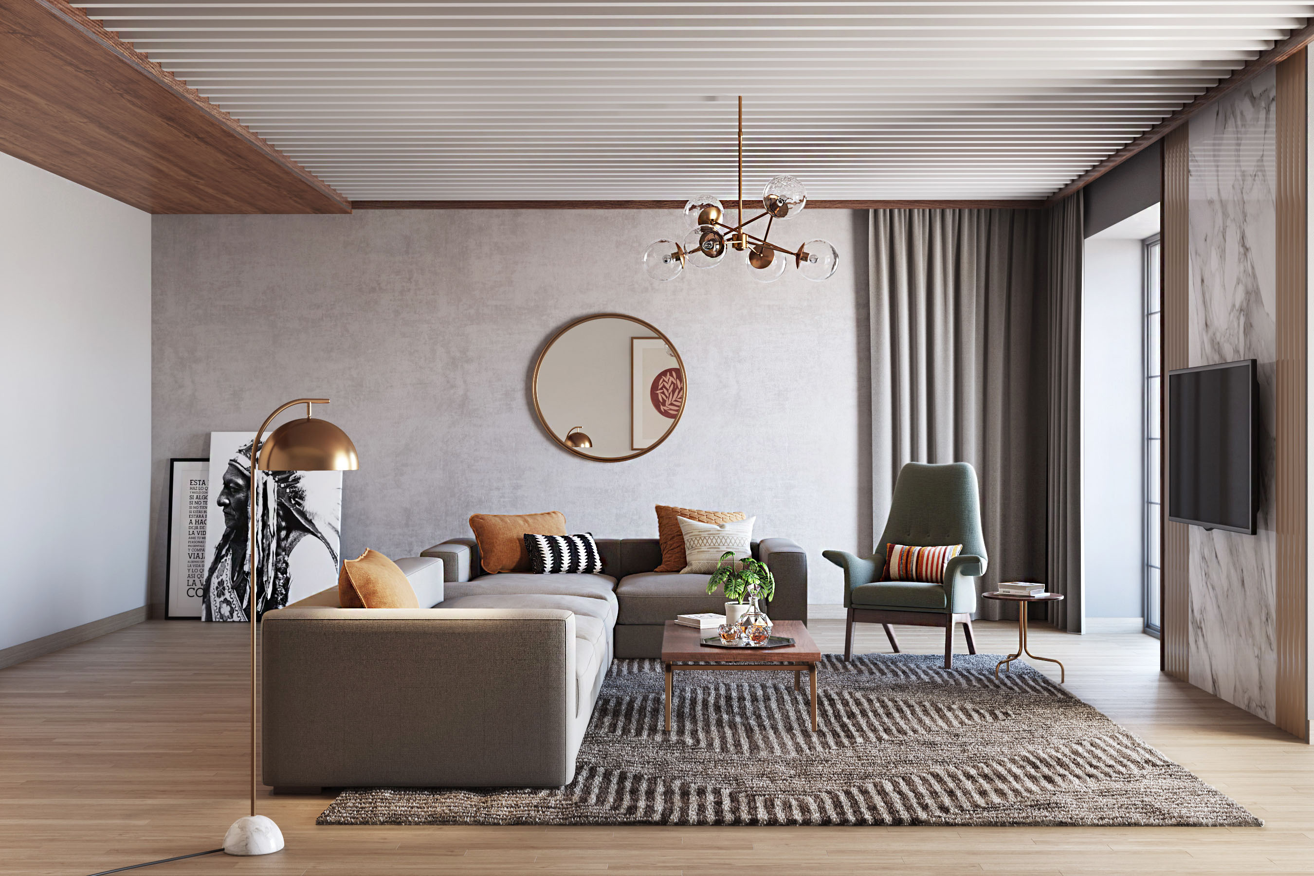 Rectangular POP Design For Hall And Wooden Panel With Chandelier | Livspace