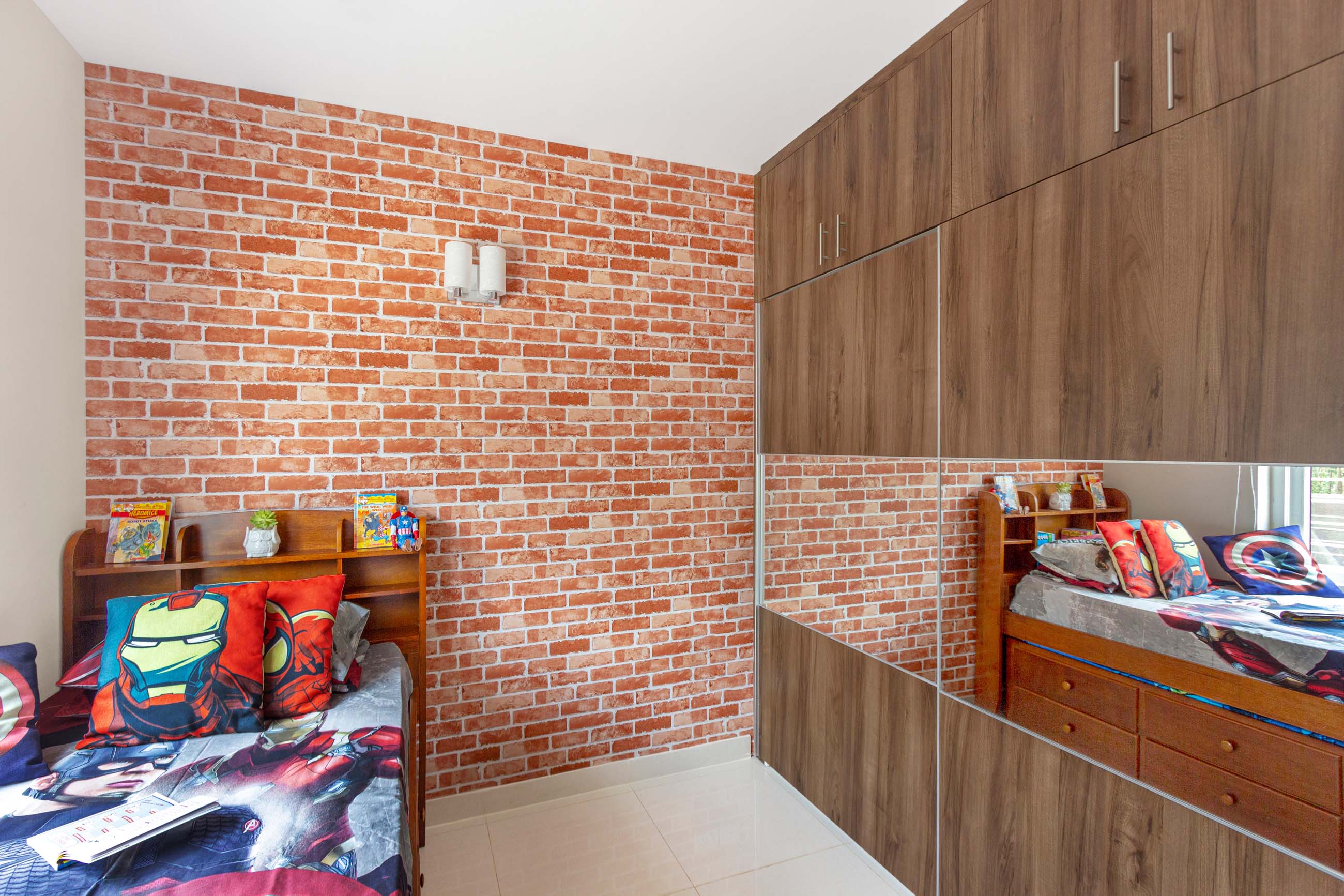 Compact Industrial Boys Room Design With 2-Door Wooden Sliding Wardrobe ...