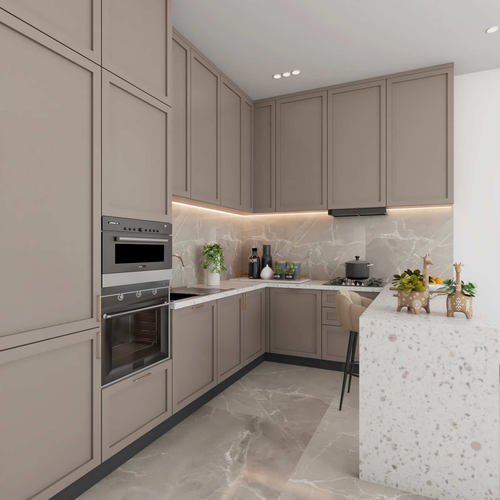 Modular Mocha-Toned U-Shaped Kitchen Cabinet Design With Beige Marble ...