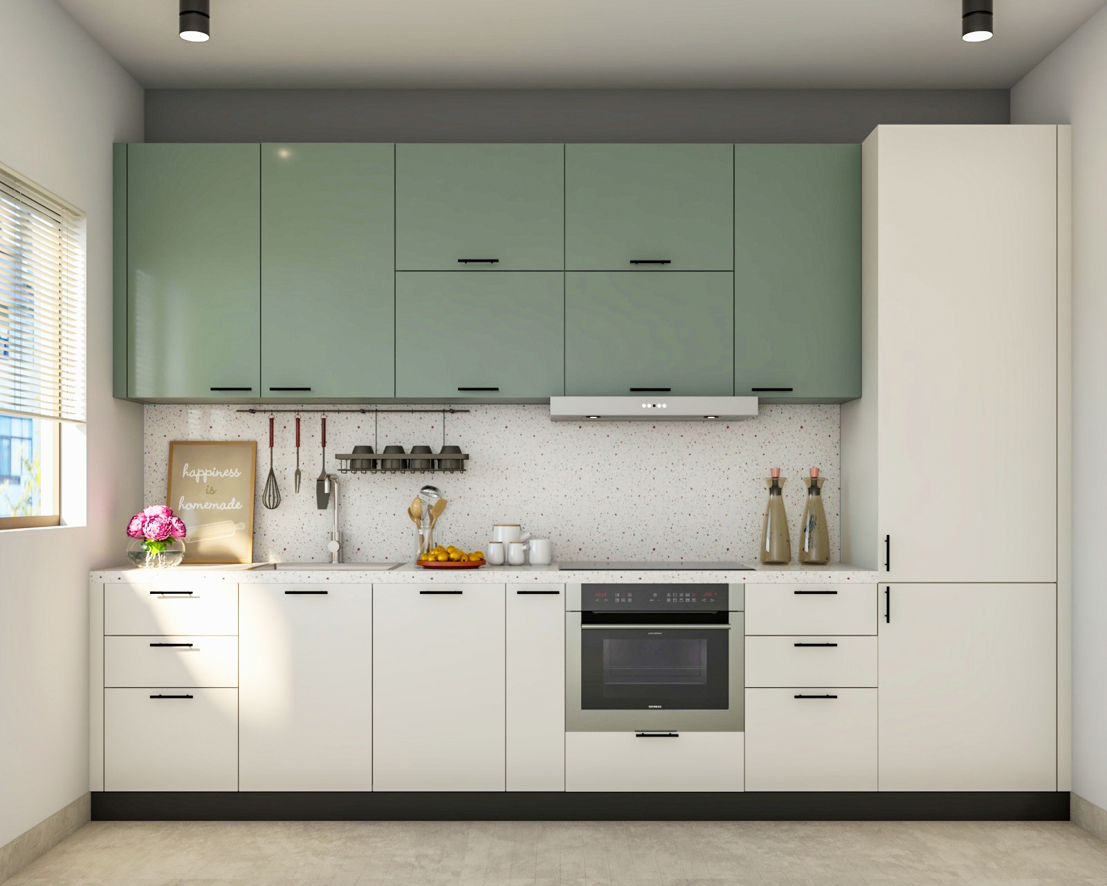 Green And White Modular Open Kitchen Design With Polka Dot Kitchen ...