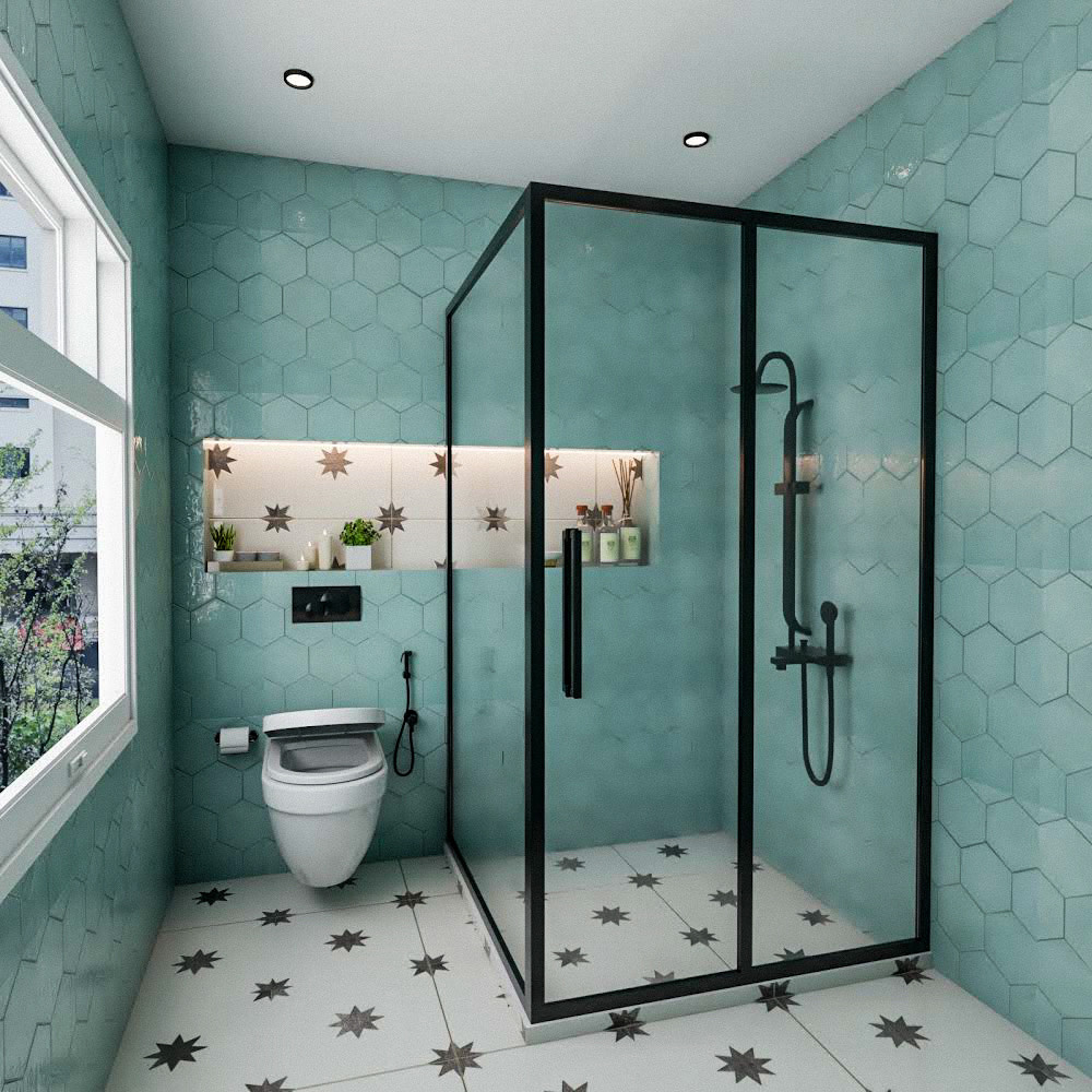 Modern Bathroom Design with Sea Green Hexagonal Tiles | Livspace