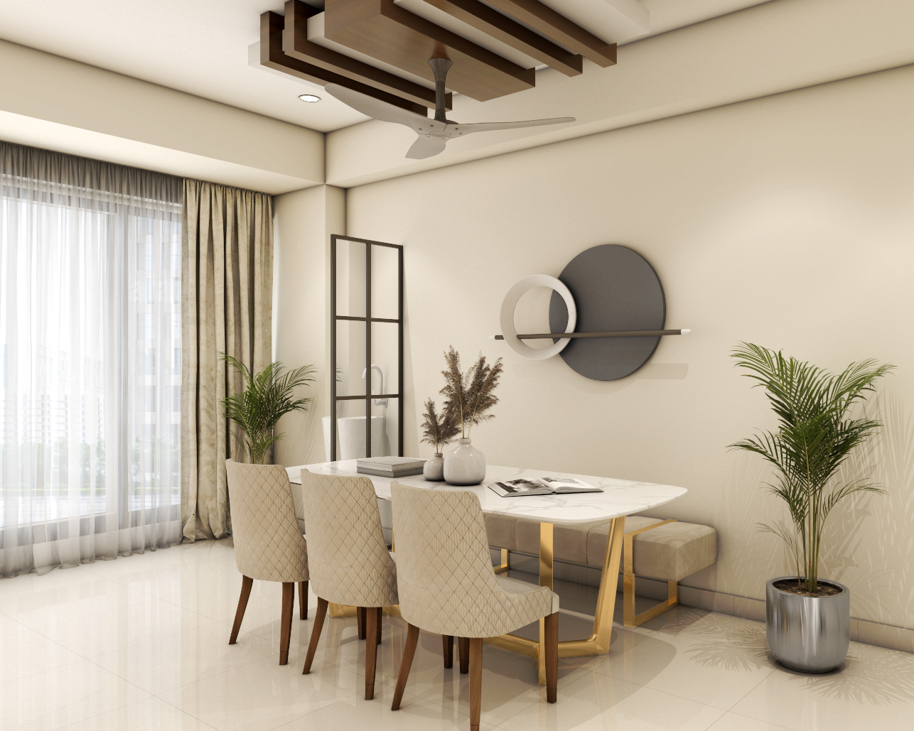 Beige And White Dining Table With Long Bench And Glass Partition | Livspace