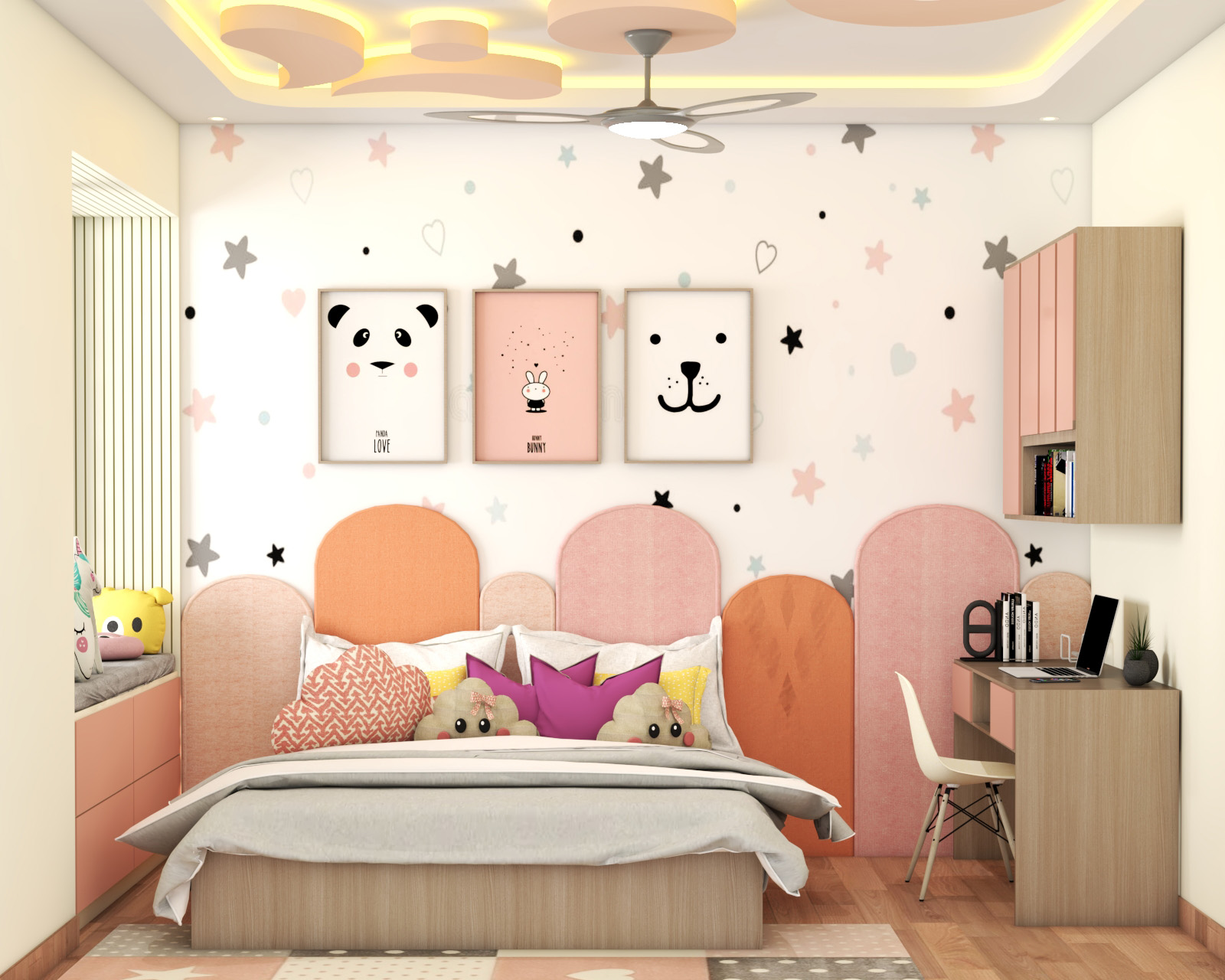 Pink Girls Room Design With Queen Sized Bed And Multicoloured Arched ...
